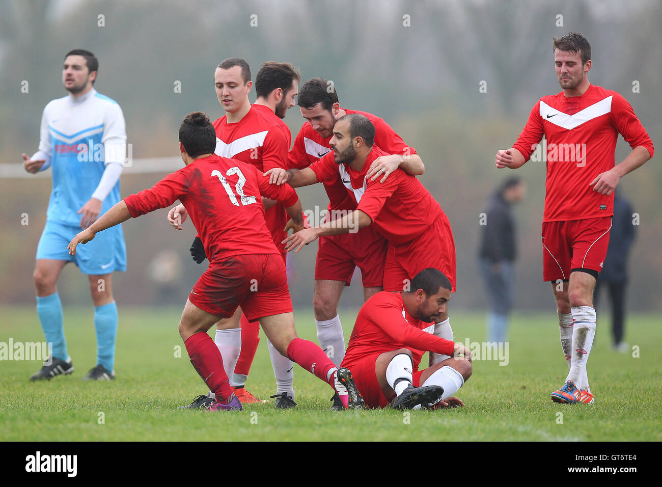 Shakespeare celebrate their first goal - Shakespeare (red) vs Clapton ...