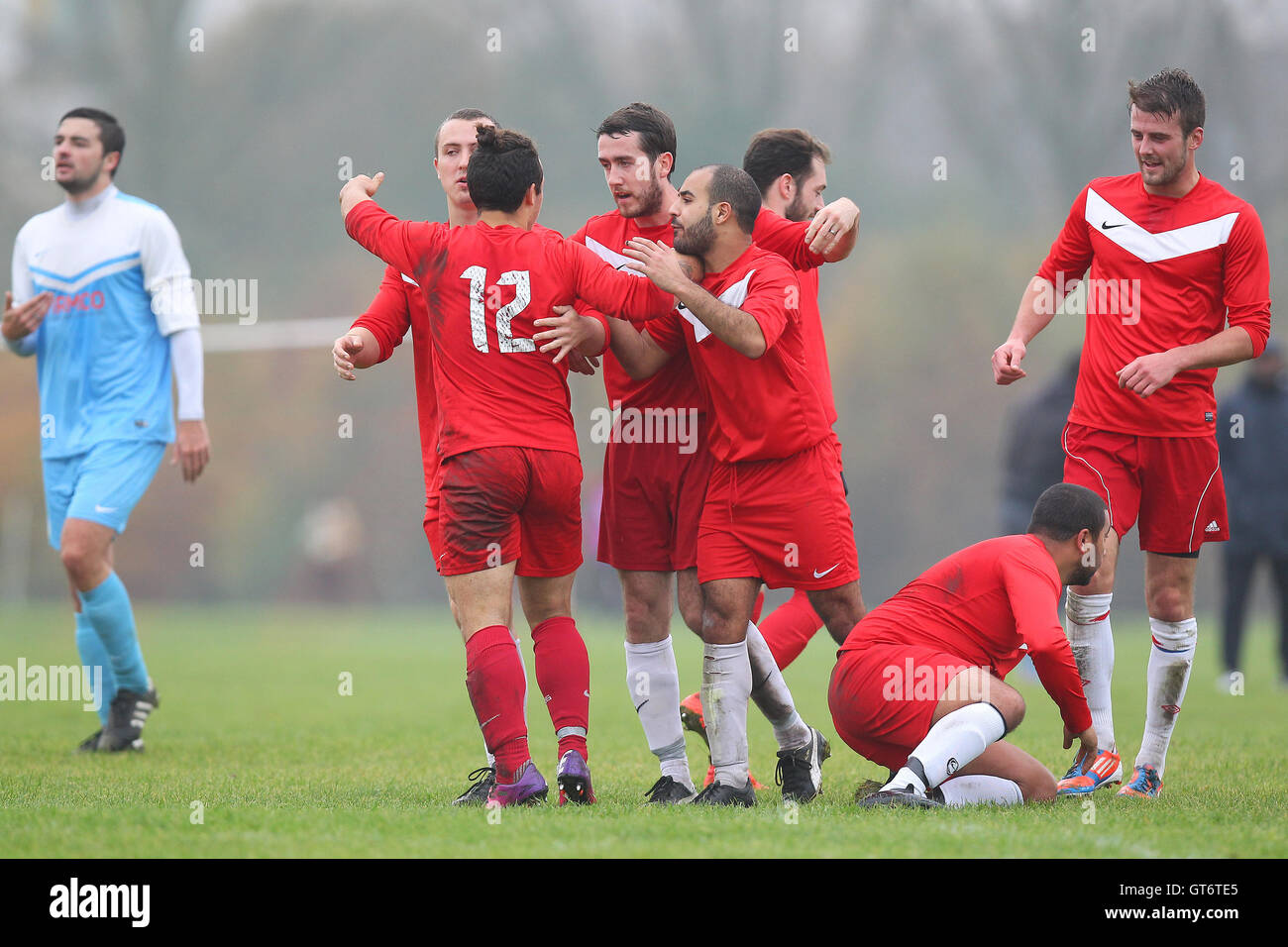Shakespeare celebrate their first goal - Shakespeare (red) vs Clapton ...