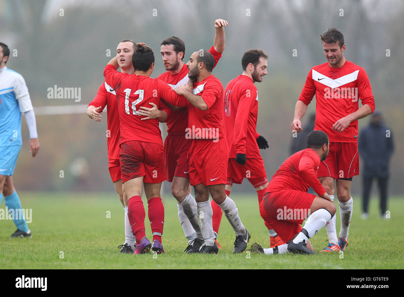 Shakespeare celebrate their first goal - Shakespeare (red) vs Clapton ...