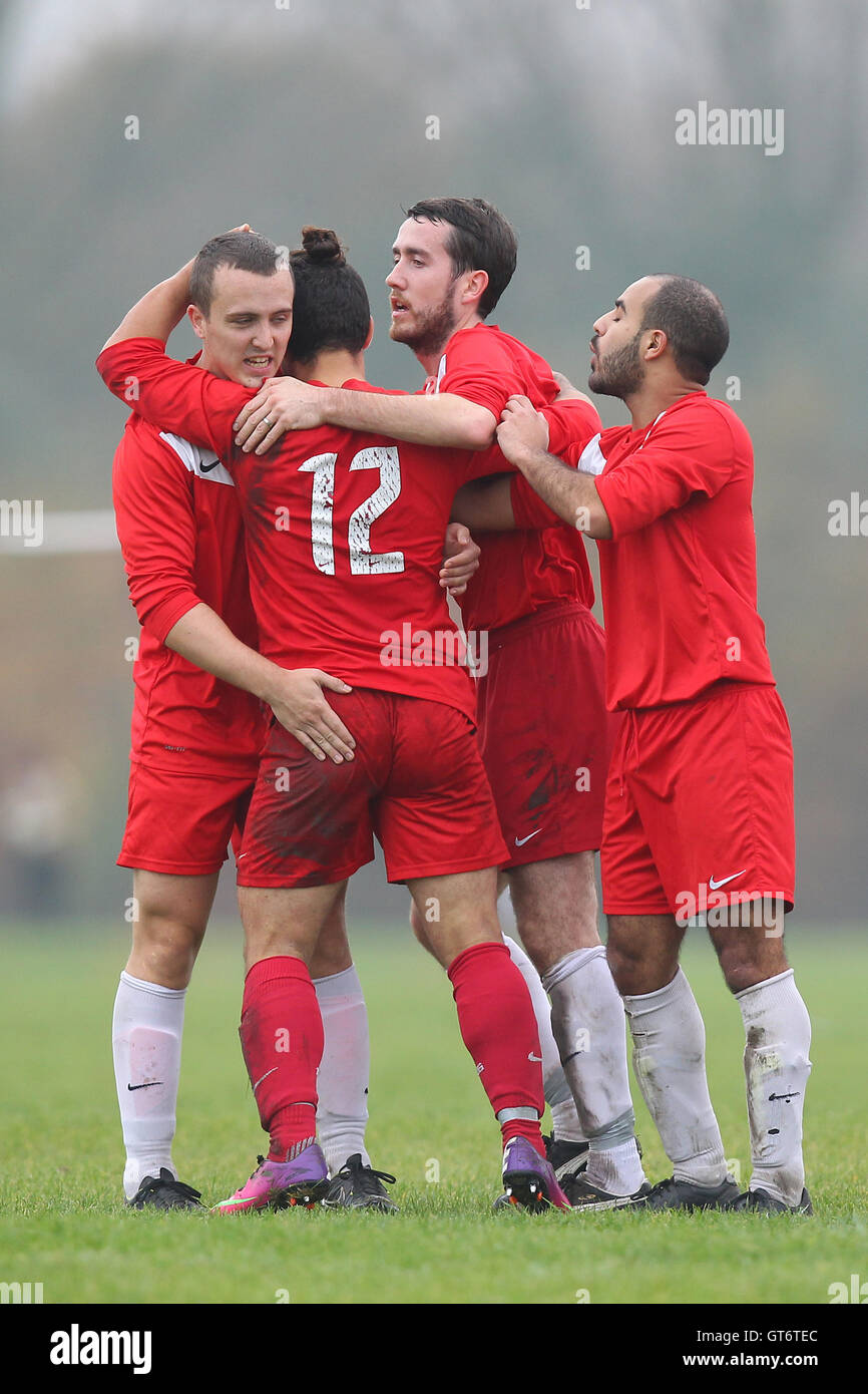 Shakespeare celebrate their first goal - Shakespeare (red) vs Clapton ...