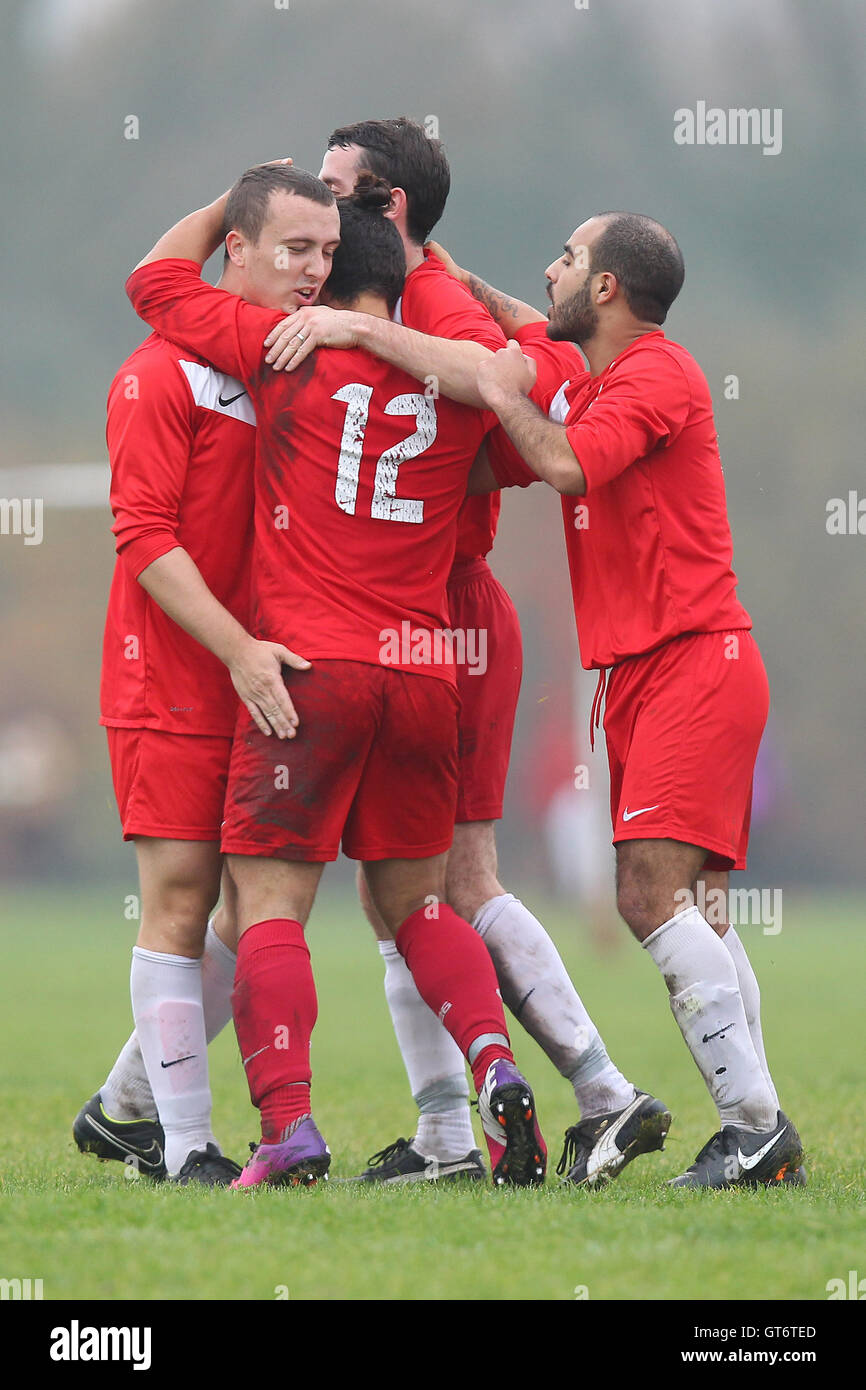 Shakespeare celebrate their first goal - Shakespeare (red) vs Clapton ...