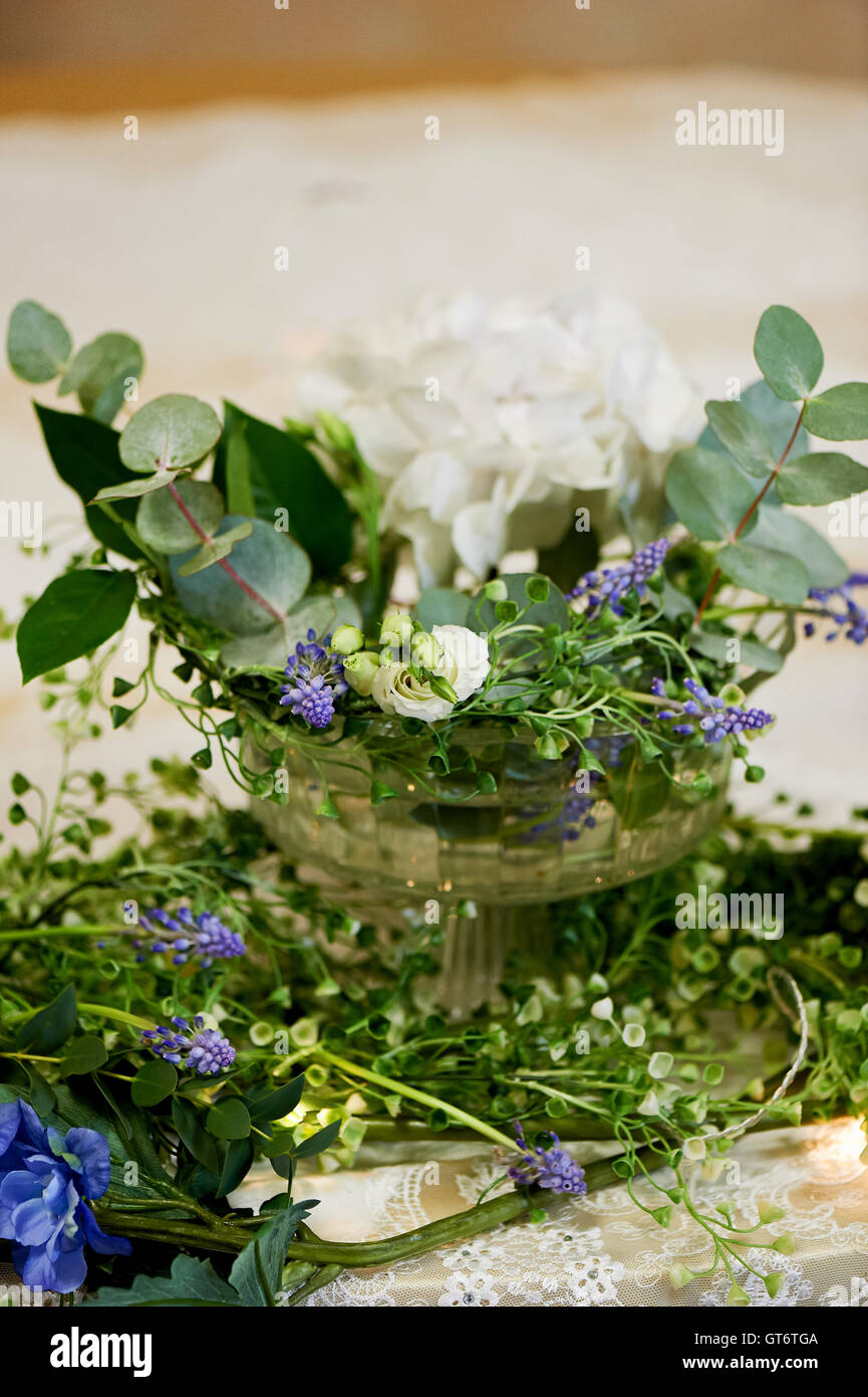 Wedding table decoration white and blue hydrangeas Stock Photo - Alamy