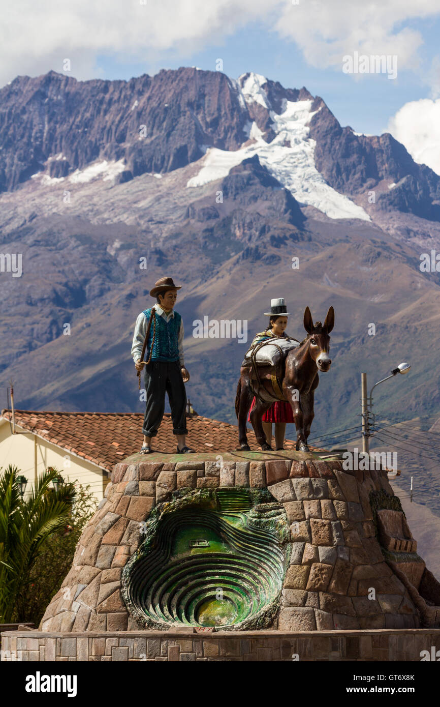 Maras Peru -May 18 : Statue in the downtown square of the city of Maras ...