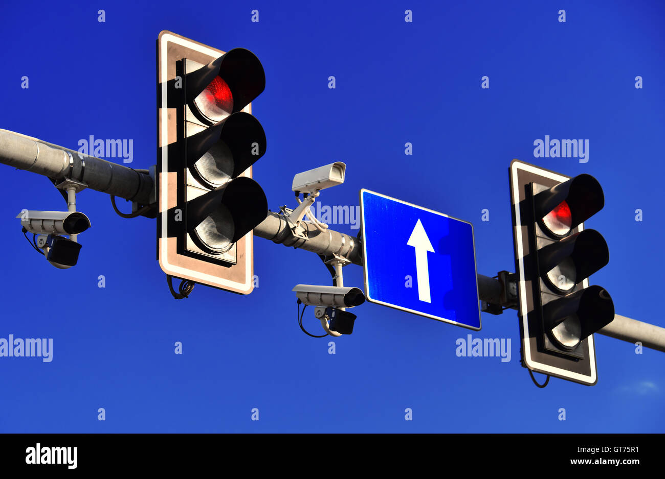 Traffic lights over blue sky. Red light Stock Photo - Alamy