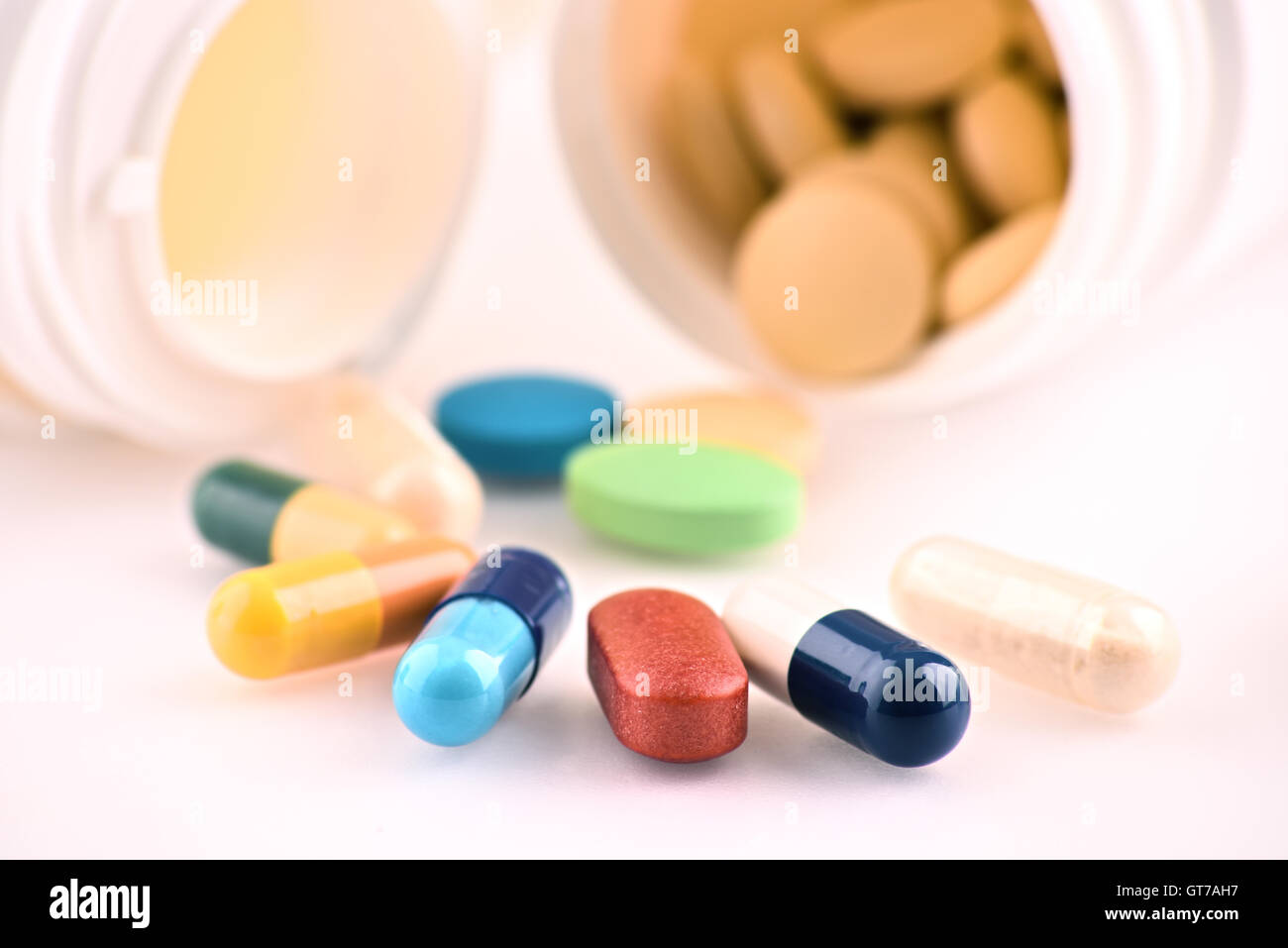 Composition with variety of drug pills and containers Stock Photo - Alamy