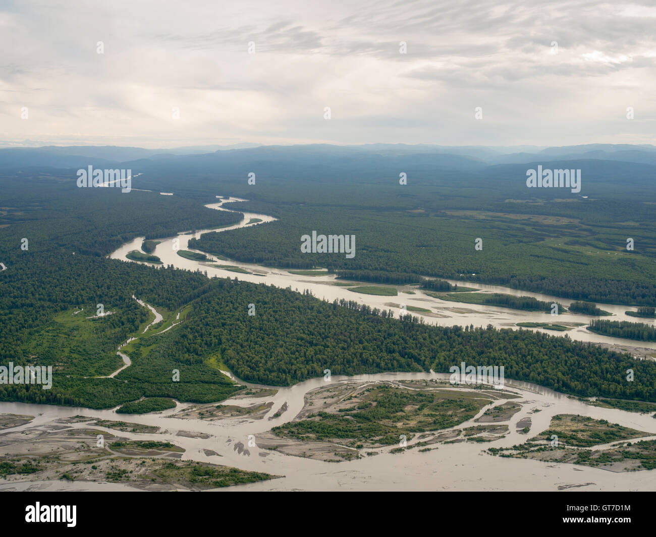 Aerial view of the meeting of the Susitna River (above) and Chulitna ...