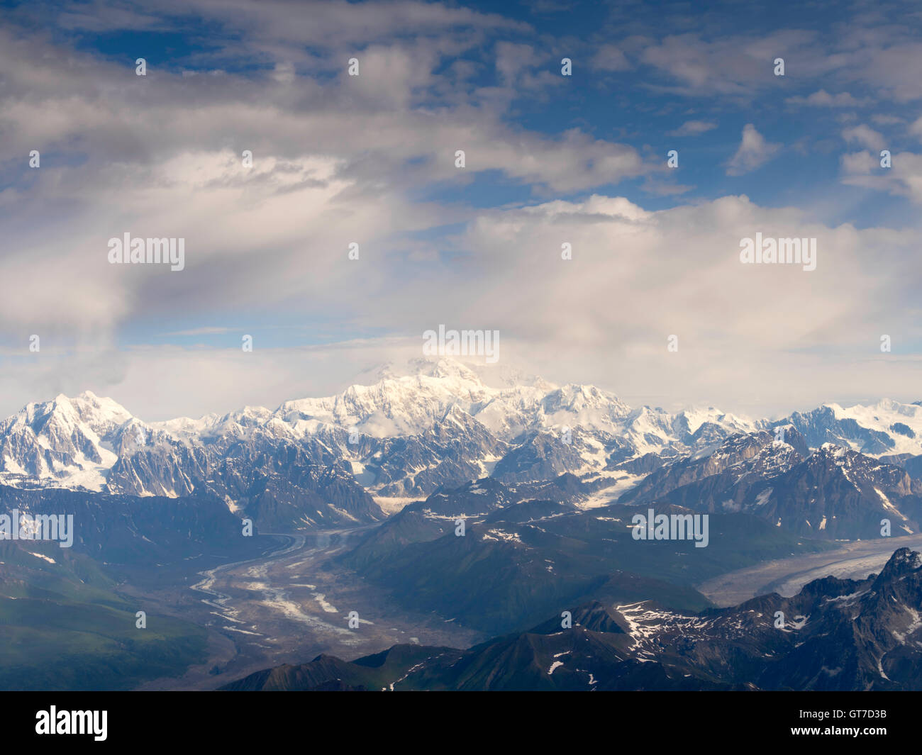 Aerial view of Denali (Mt. McKinley), the Tokositna Glacier (lower left ...