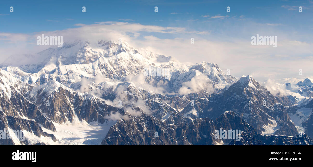 Aerial view of Denali (Mt. McKinley), the Kahiltna Glacier and the ...