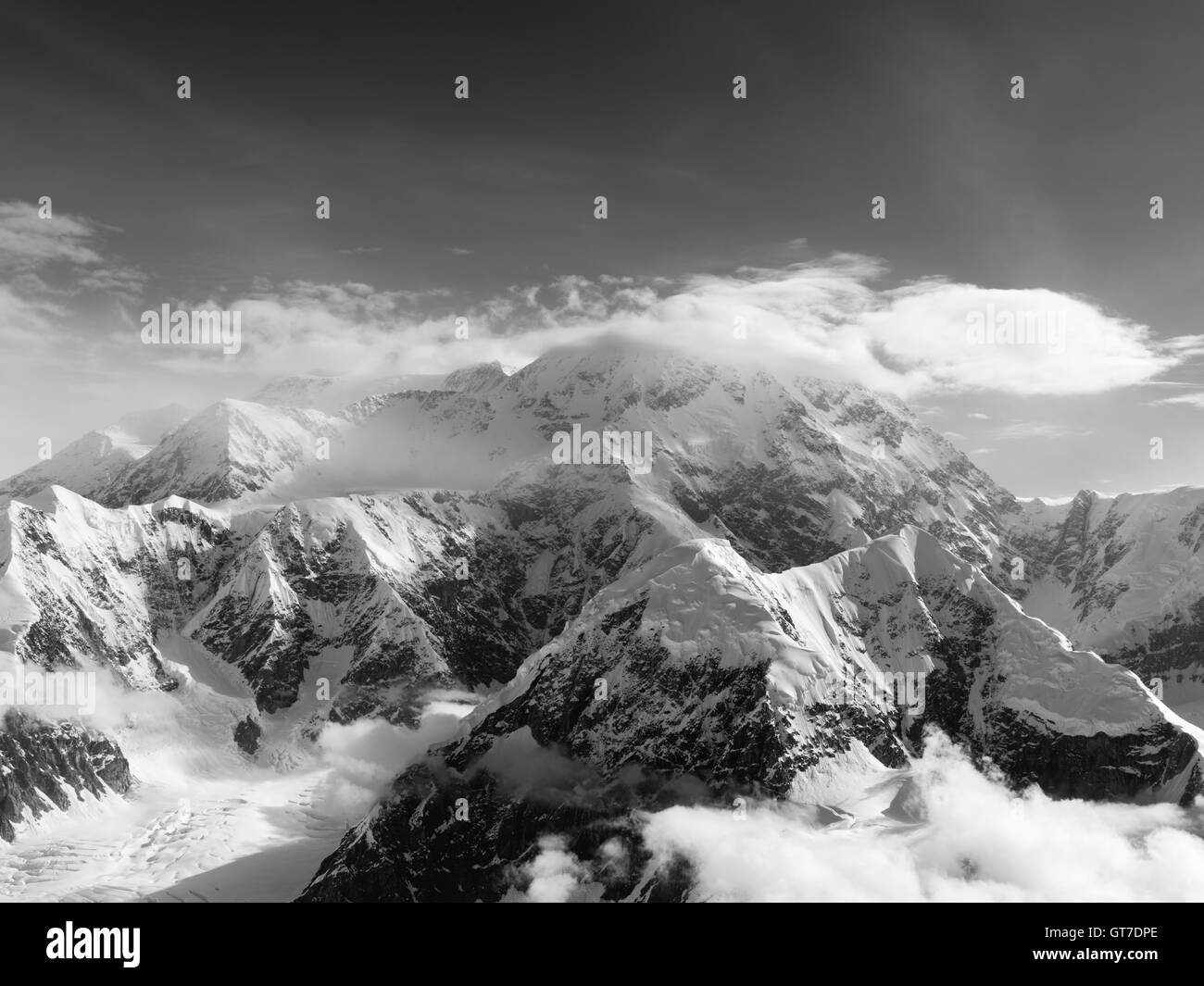 Aerial view of Denali (Mt. McKinley) and the Alaska Range on a ...