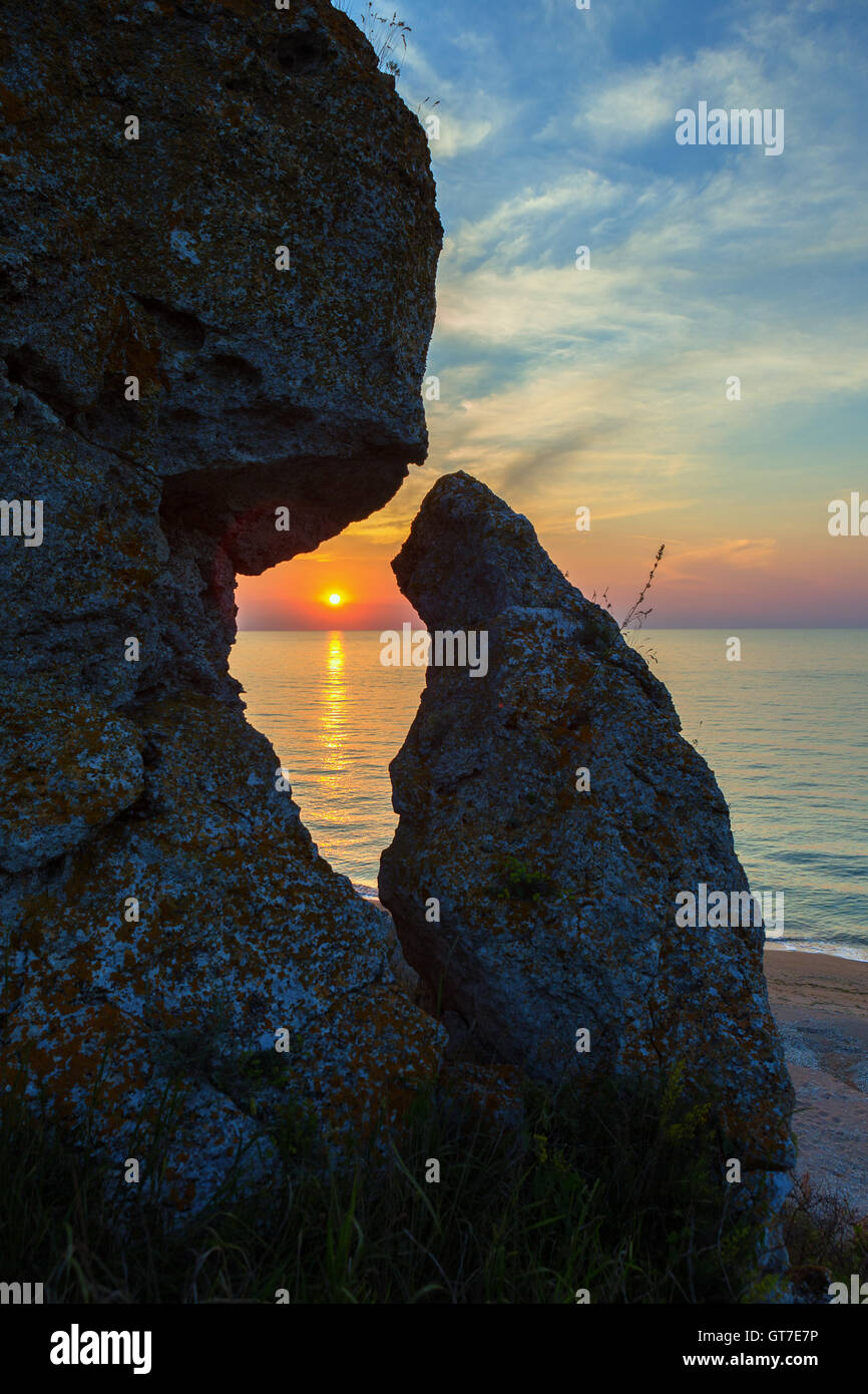 Sunset over the Sea of Azov on Generals beach. Karalar regional ...
