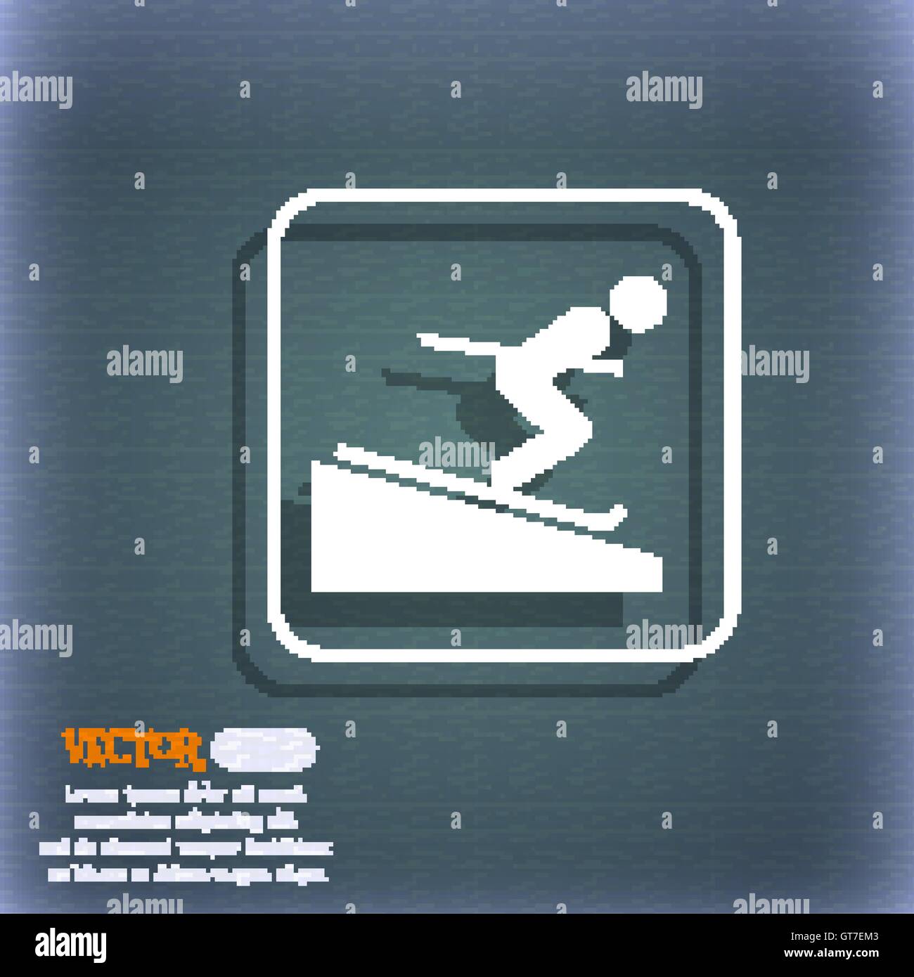 Skier icon. On the blue-green abstract background with shadow and space ...