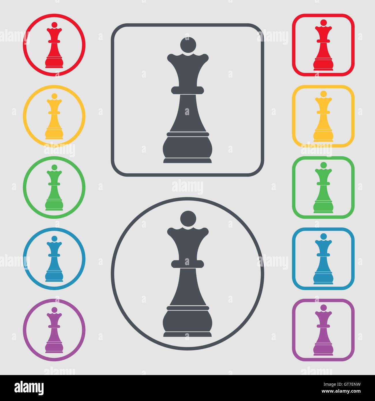 Chess Queen icon sign. symbol on the Round and square buttons with ...
