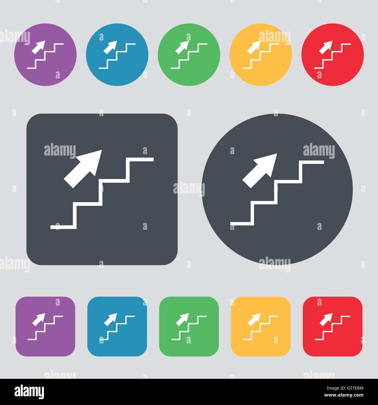 Stairs going up icon sign. A set of 12 colored buttons. Flat design ...