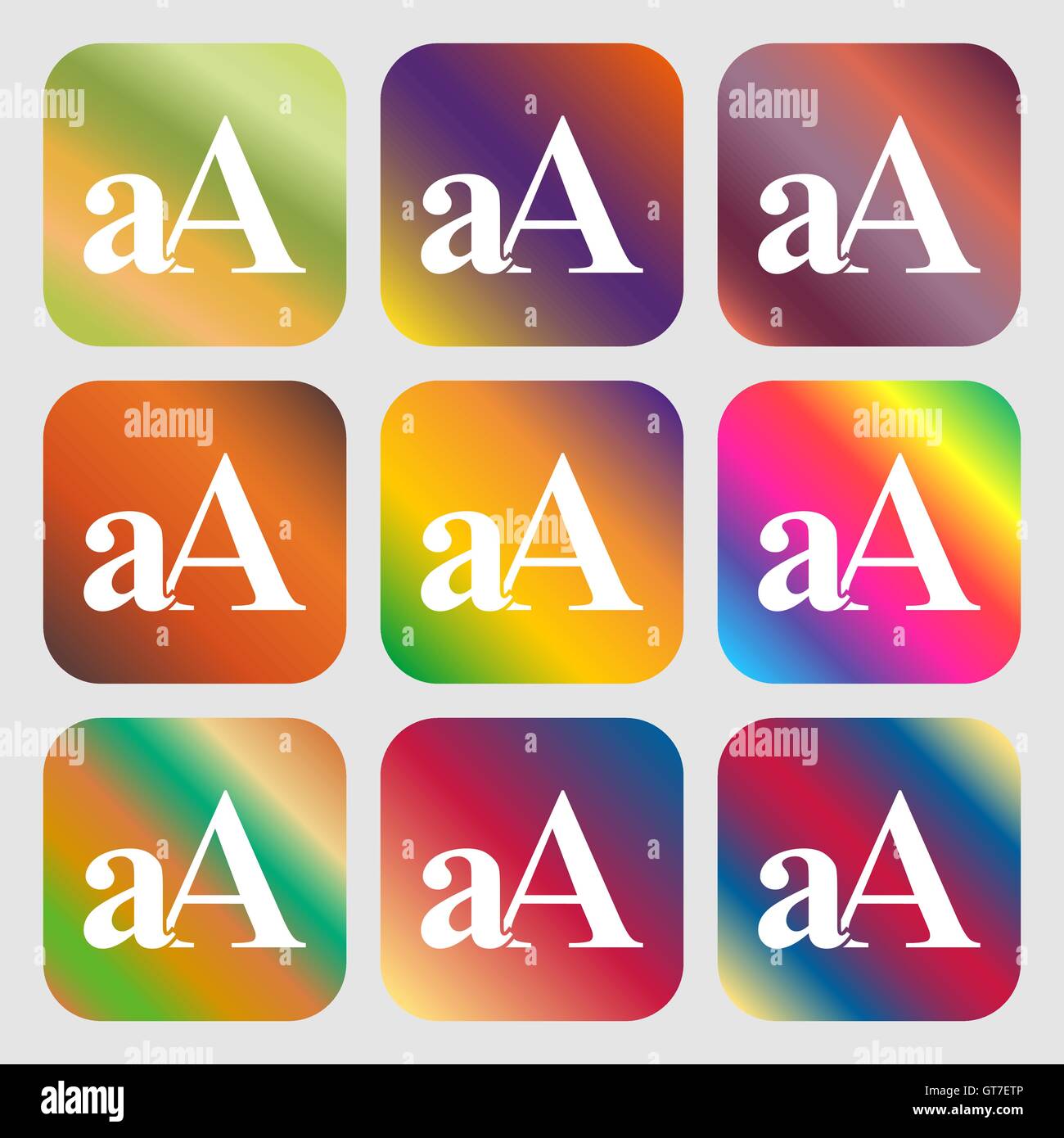 Enlarge font, aA icon sign . Nine buttons with bright gradients for ...