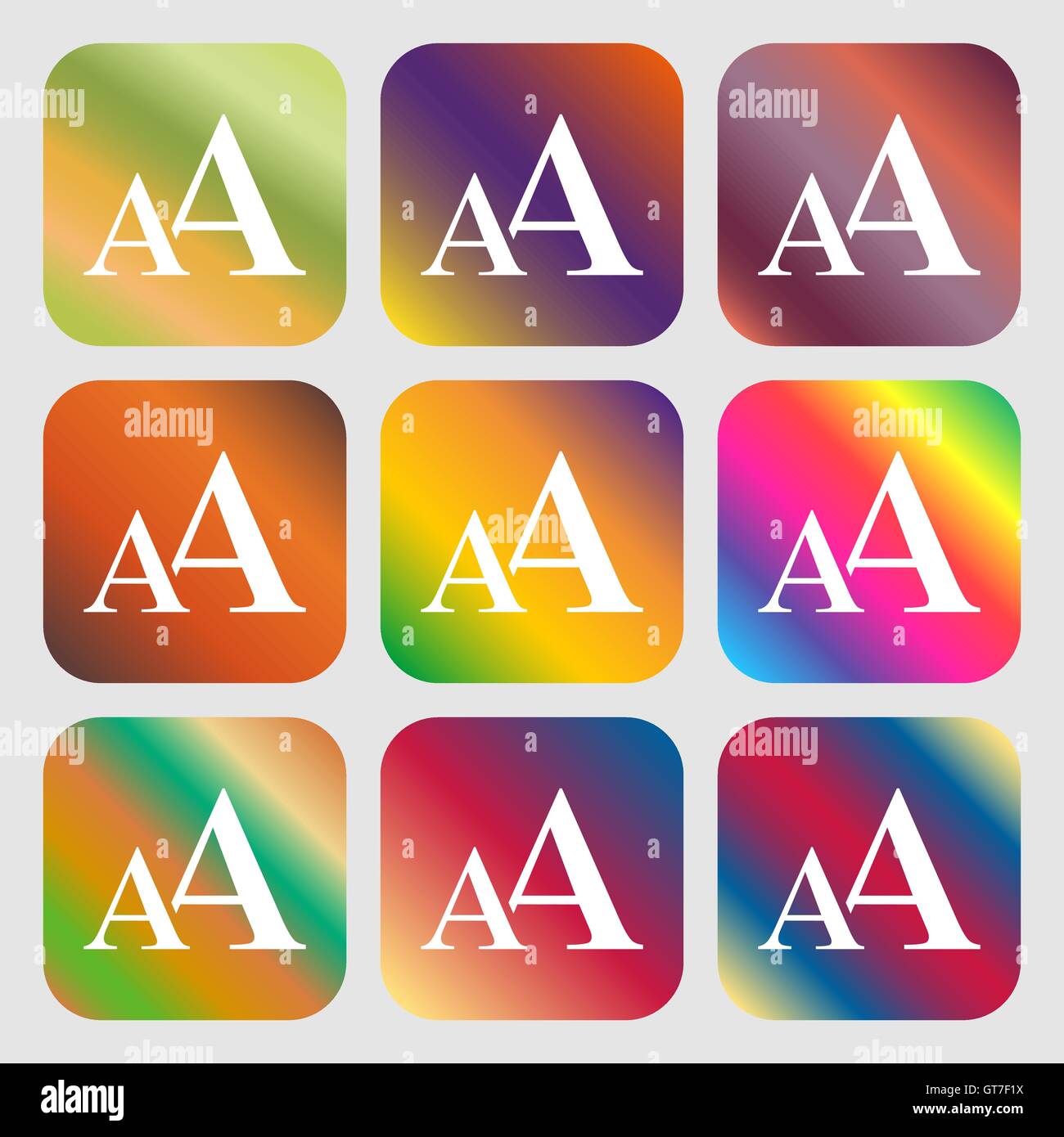 Enlarge font, AA icon sign . Nine buttons with bright gradients for ...