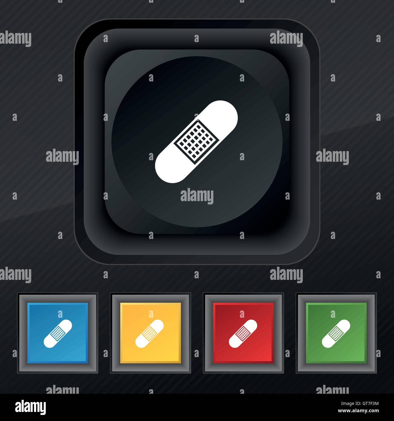 Band Aid Icon symbol. Set of five colorful, stylish buttons on black ...