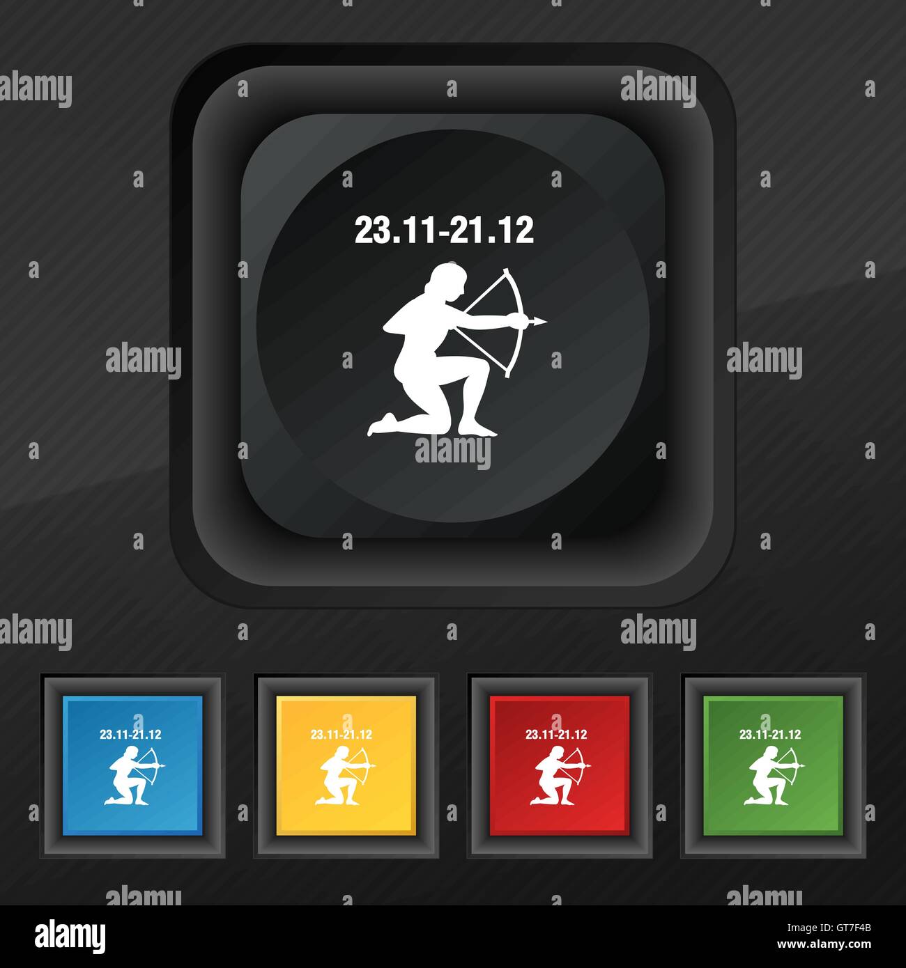 Sagittarius icon symbol. Set of five colorful, stylish buttons on black ...