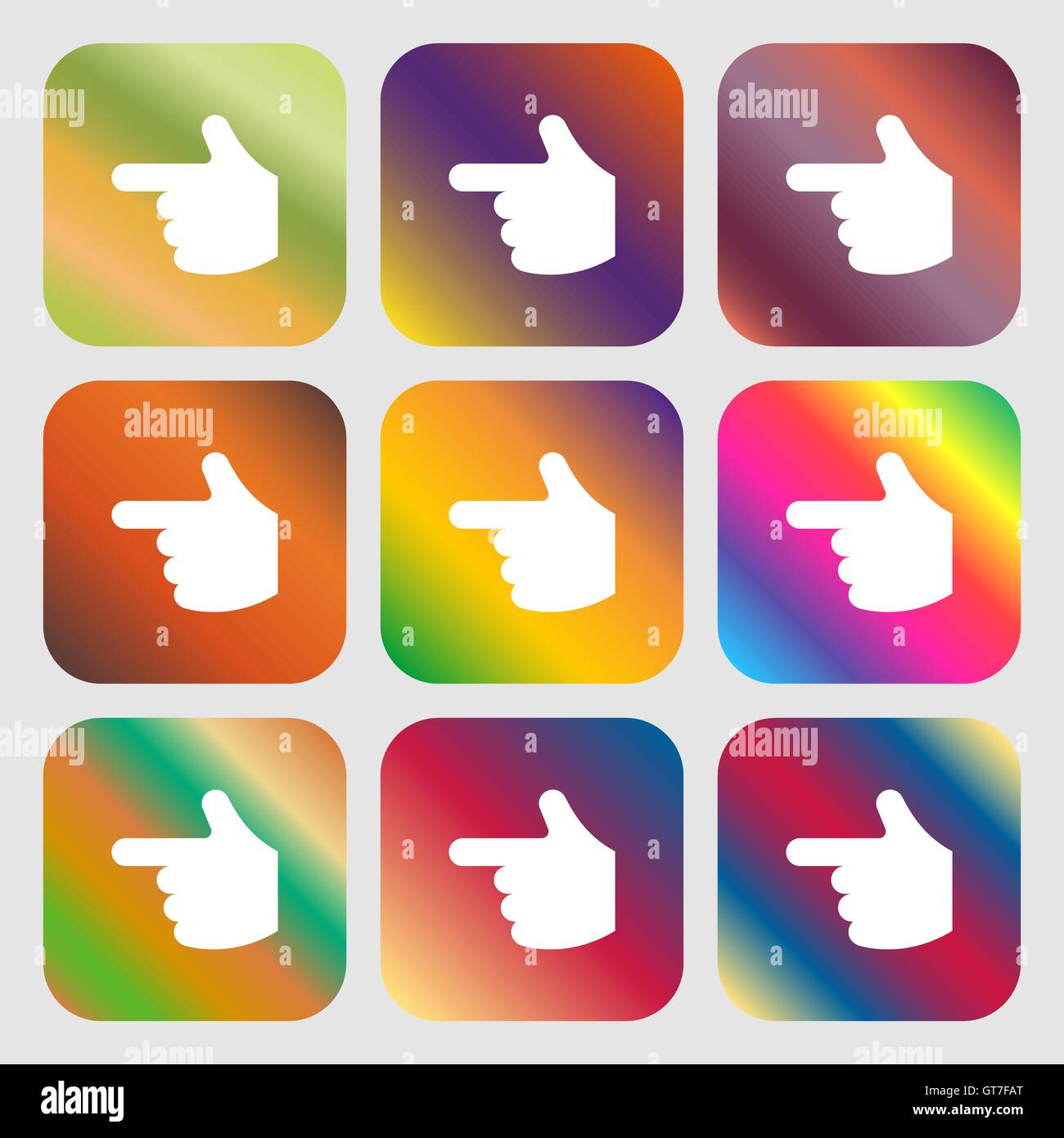 pointing hand icon. Nine buttons with bright gradients for beautiful ...