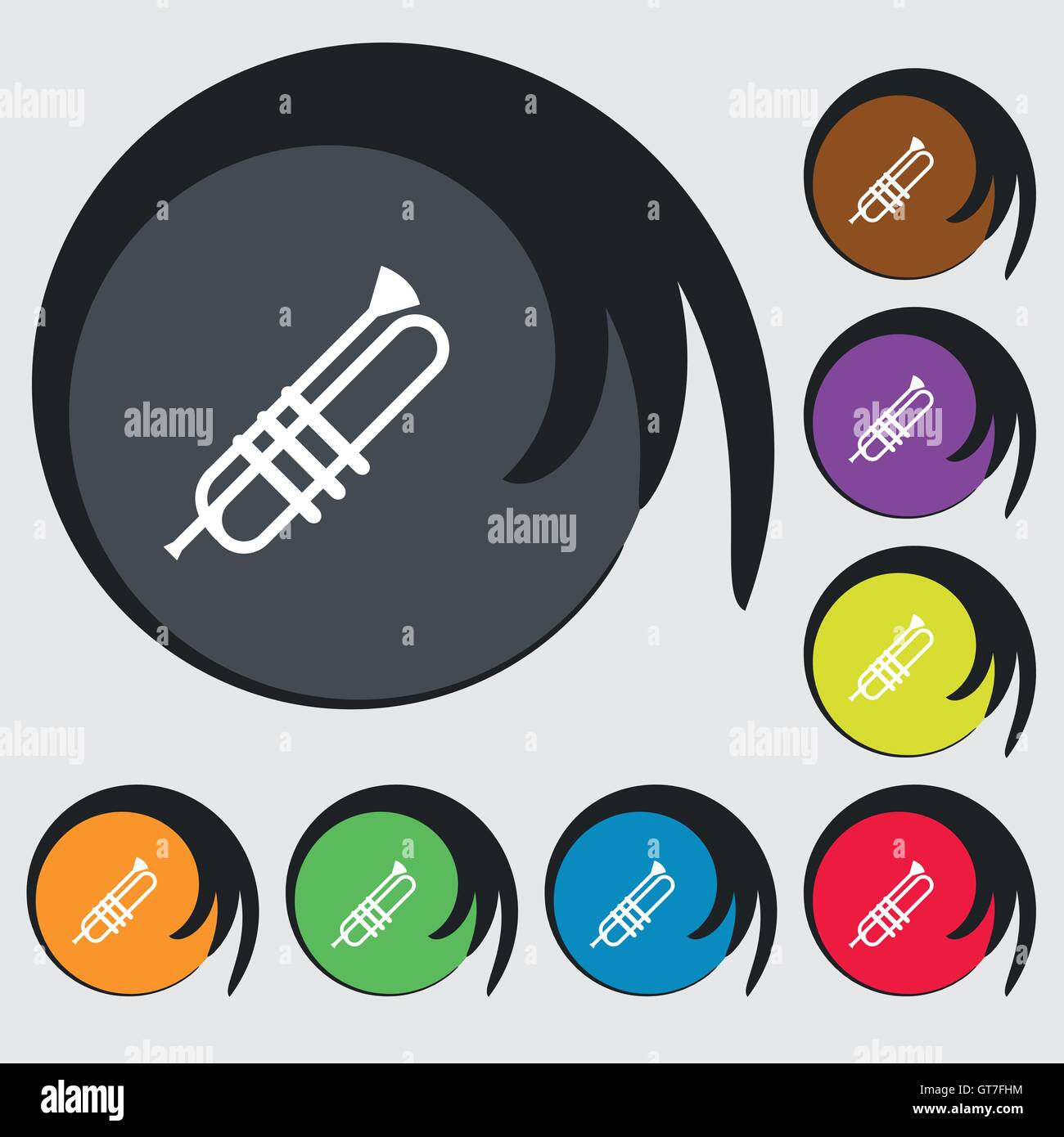 Trumpet icons sign. Symbols on eight colored buttons. Vector Stock ...