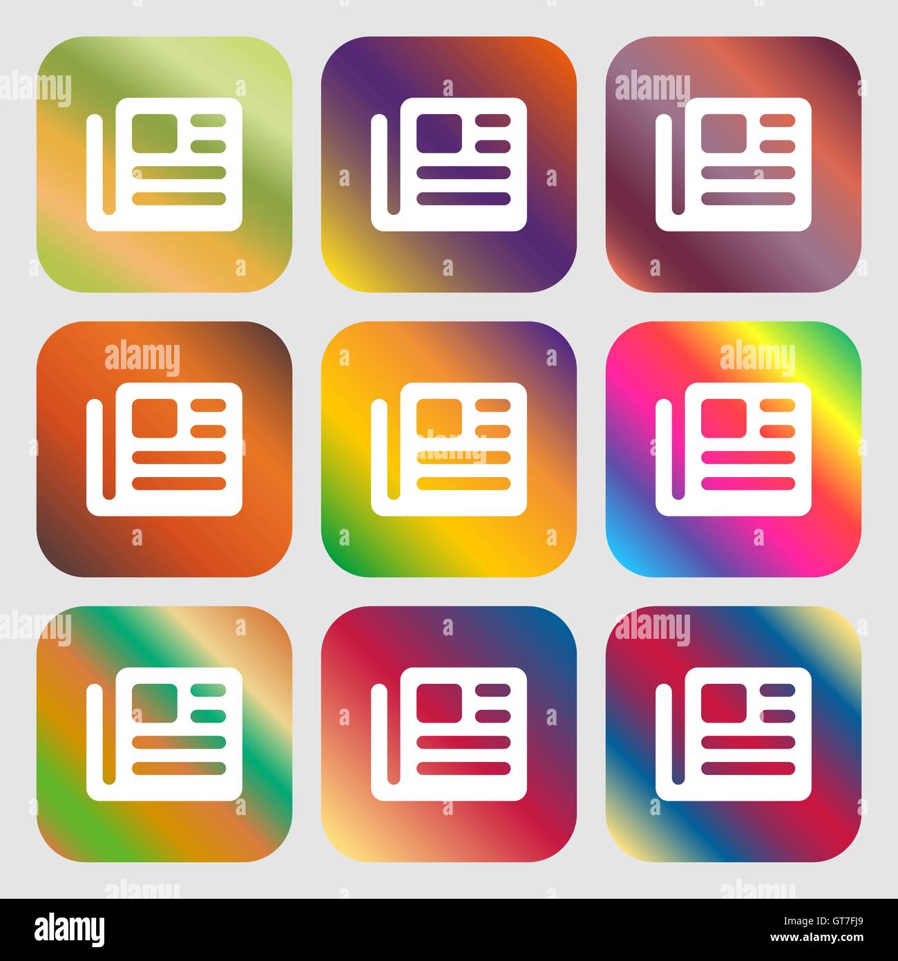 book, newspaper icon. Nine buttons with bright gradients for beautiful ...