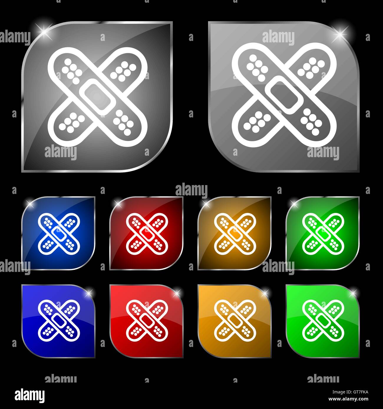 adhesive plaster icon sign. Set of ten colorful buttons with glare ...