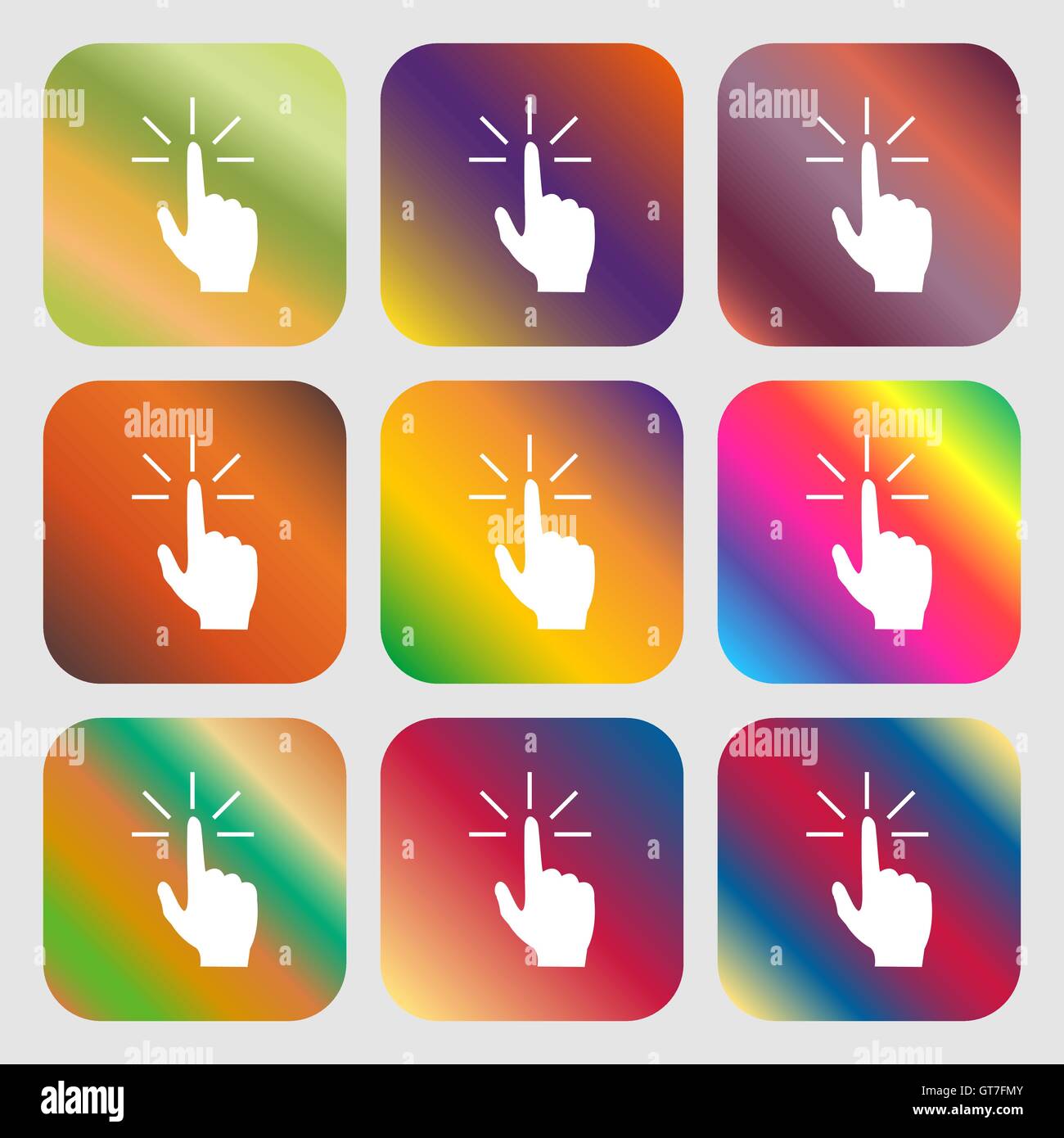 Click here hand icon sign . Nine buttons with bright gradients for ...