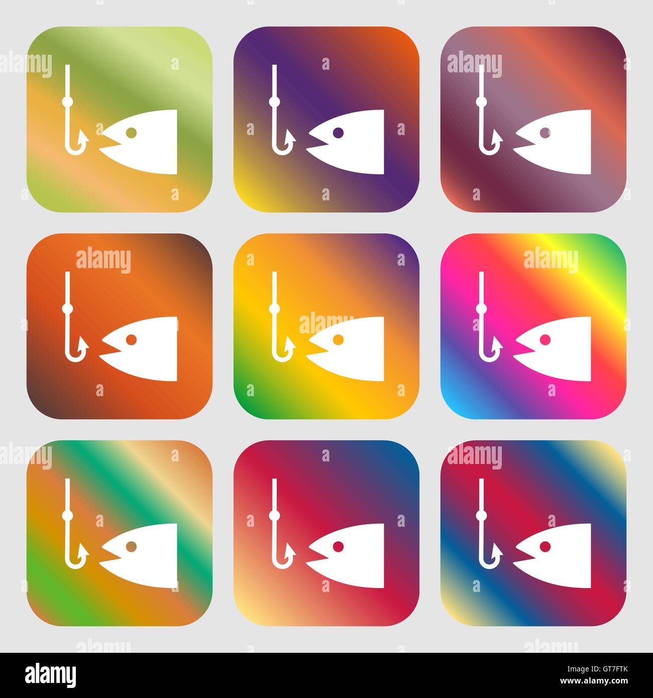 Fishing icon. Nine buttons with bright gradients for beautiful design ...