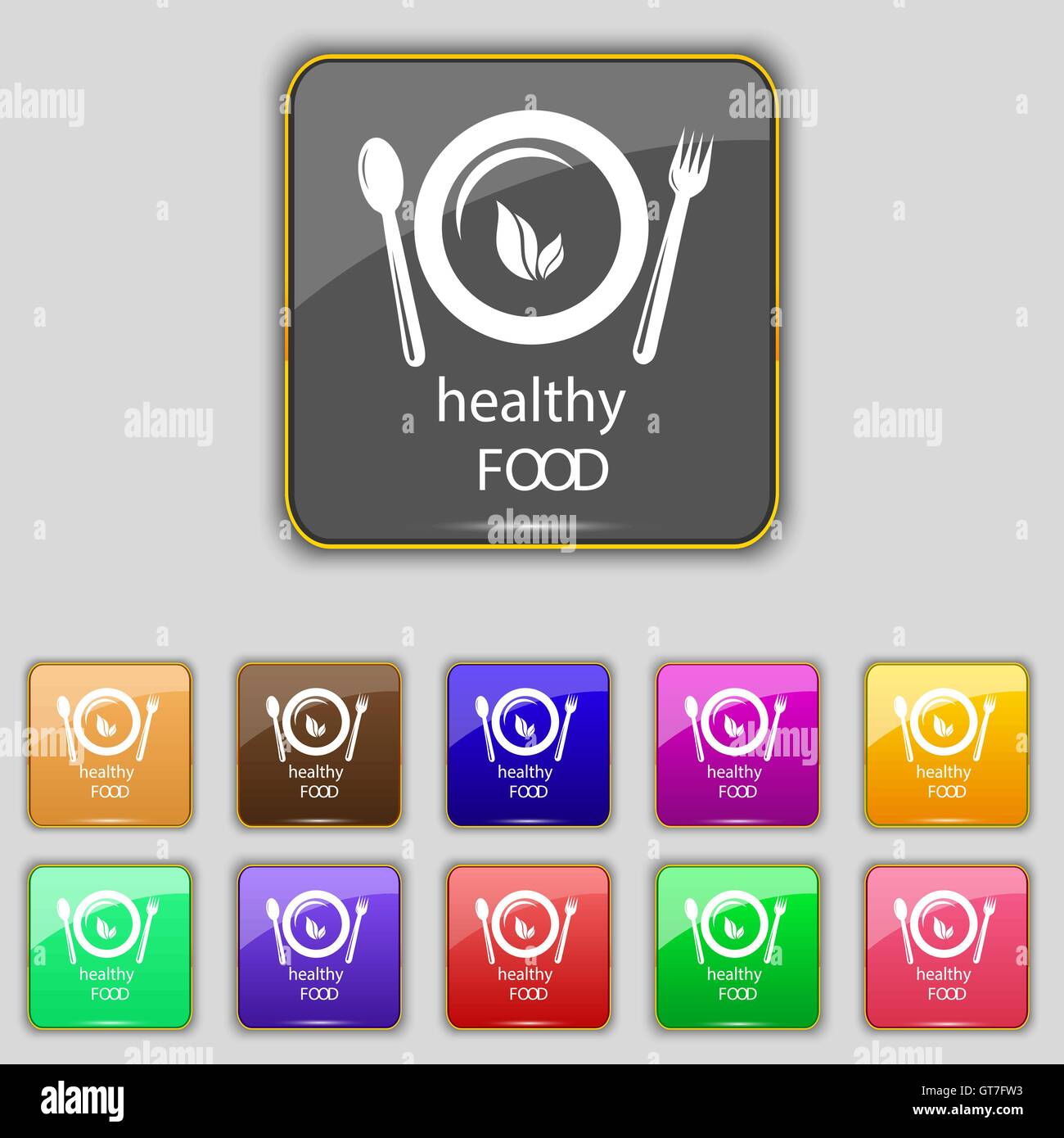 healthy food concept icon sign. Set with eleven colored buttons for ...