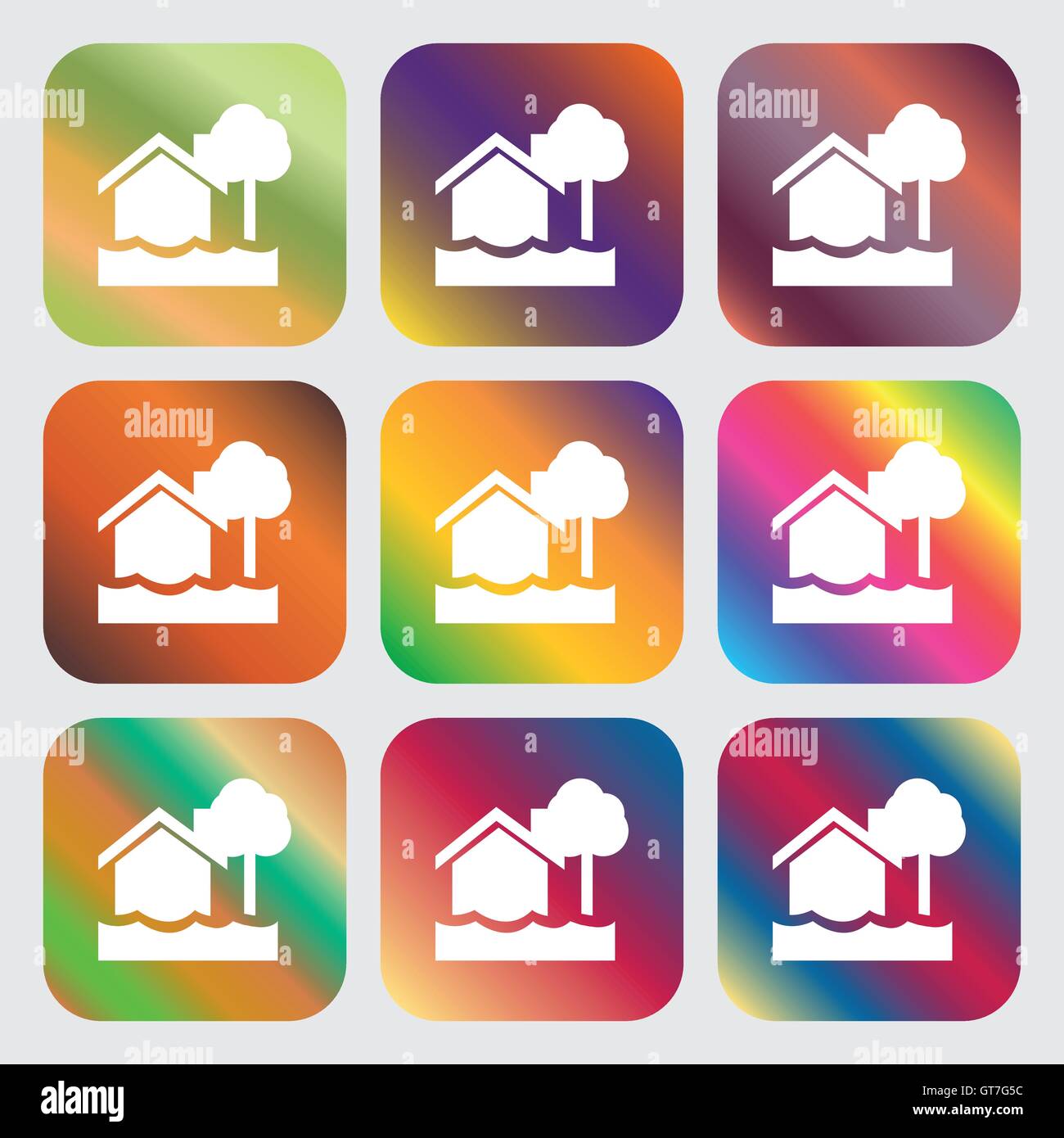 flooding home icon . Nine buttons with bright gradients for beautiful ...