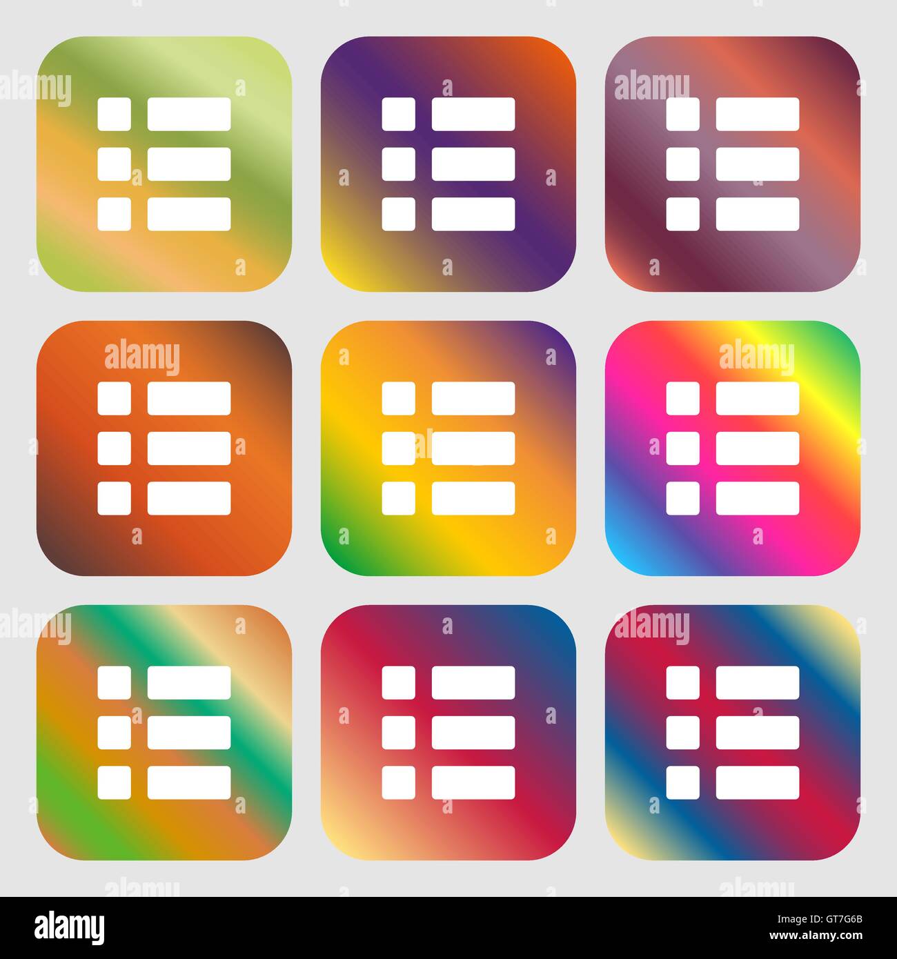 List menu, Content view options icon. Nine buttons with bright ...