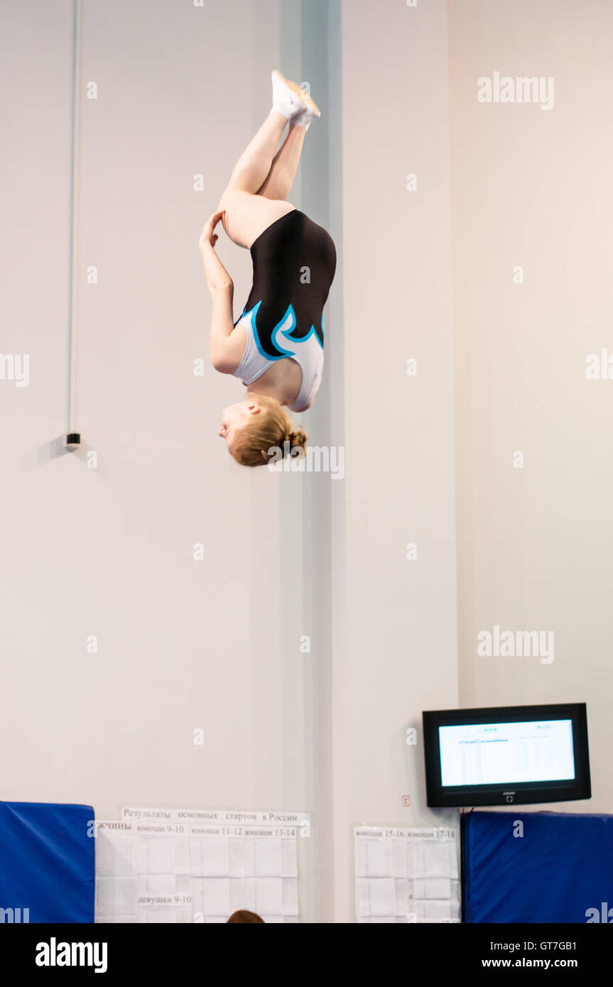 Orenburg, Russia - 19 April 2016: Girls compete in jumping on the ...