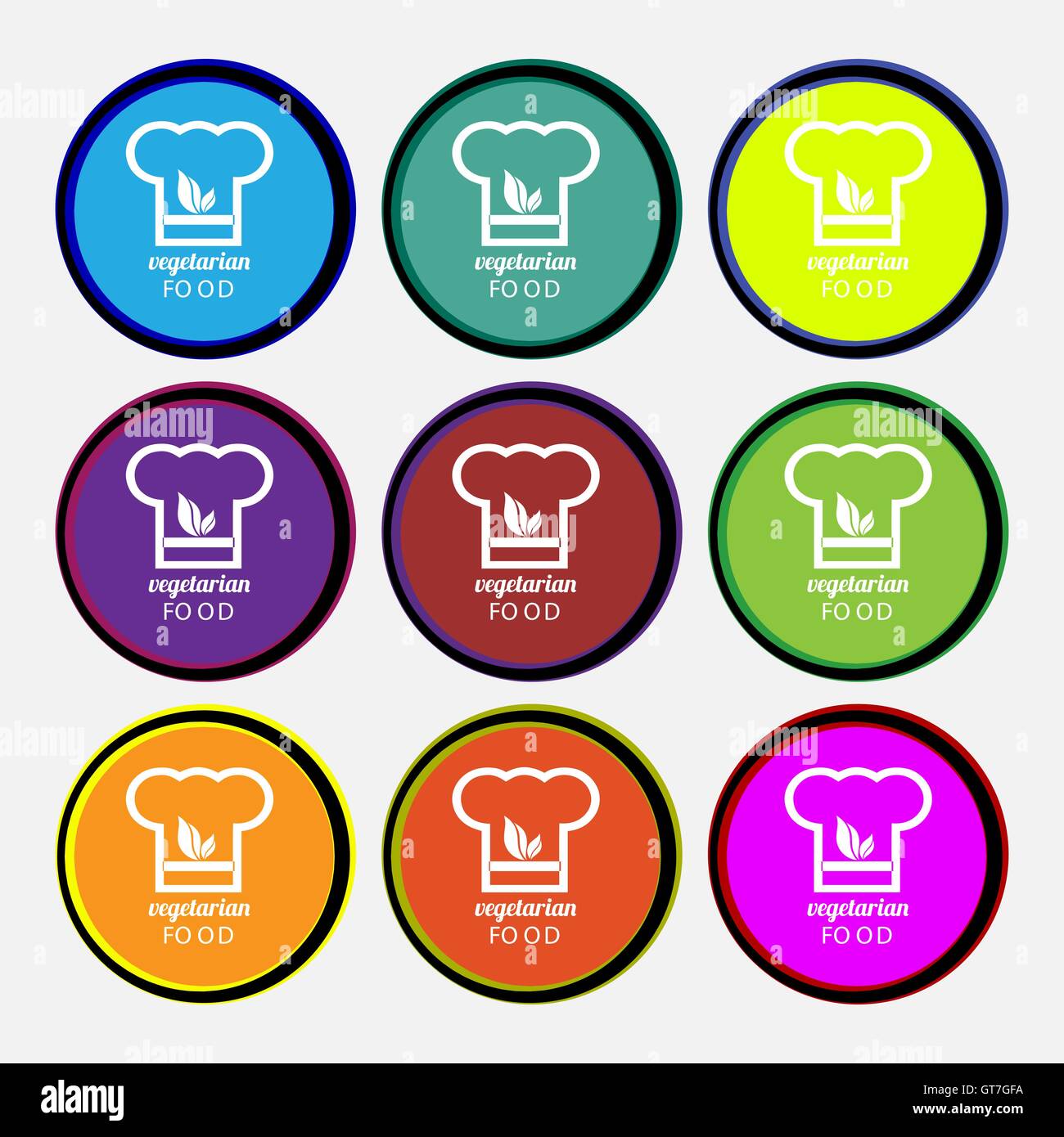 Vegan food graphic design icon sign. Nine multi colored round buttons ...