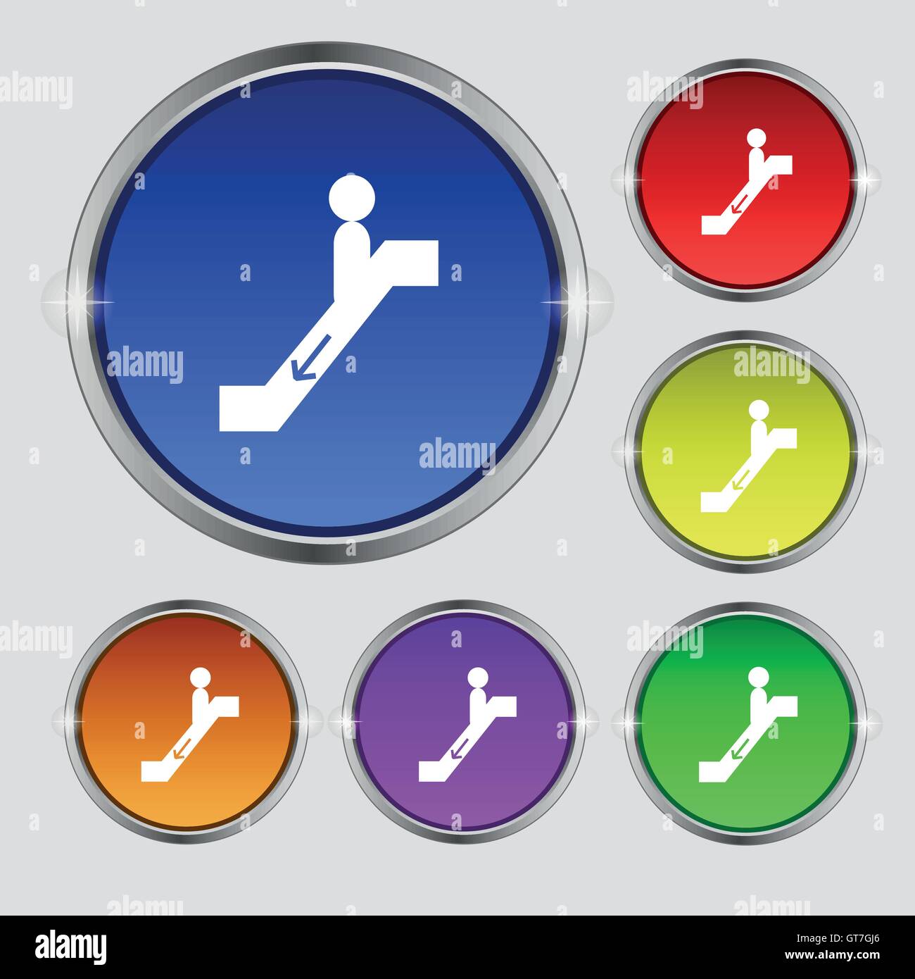 escalator down Icon sign. Round symbol on bright colourful buttons ...