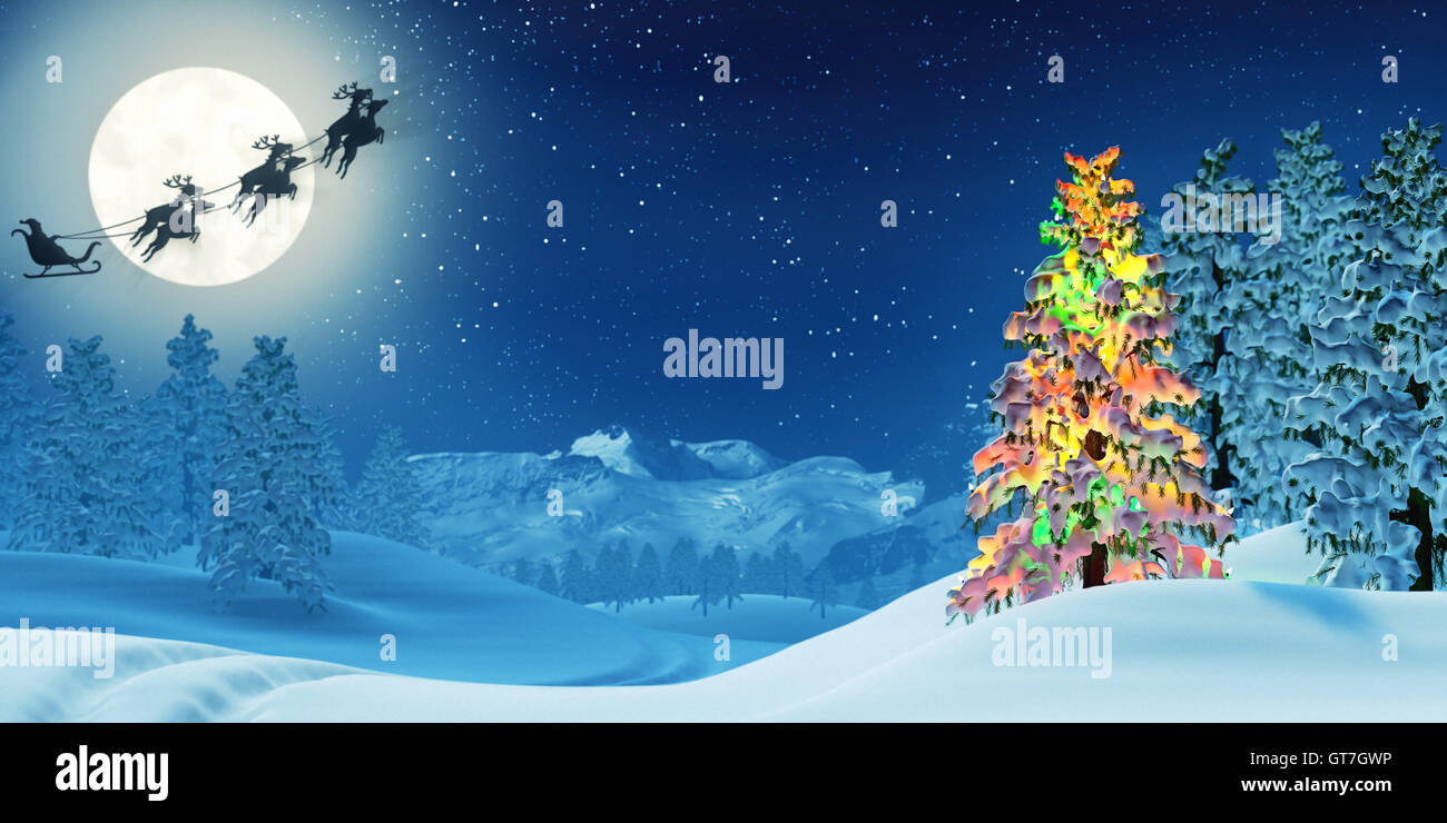 A moonlit snowy Christmas landscape at night under a full moon. The ...