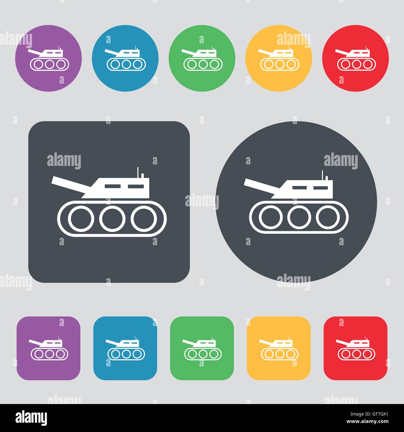 Tank, war, army icon sign. A set of 12 colored buttons. Flat design ...