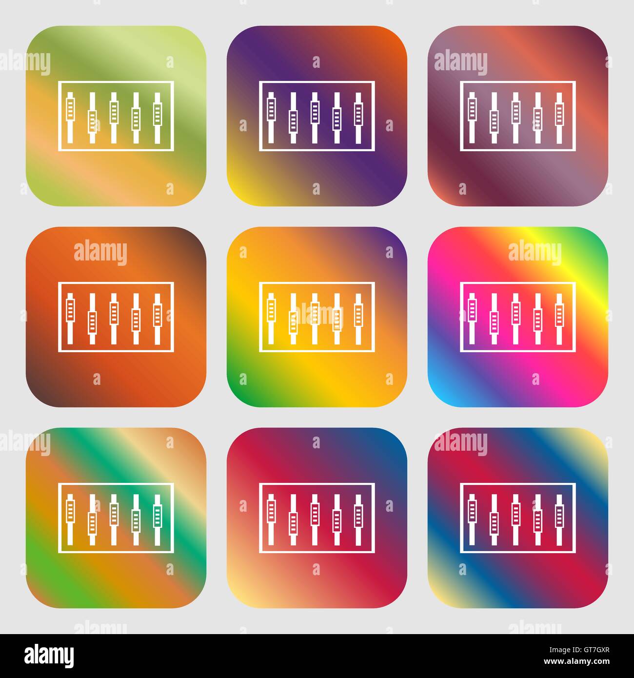 Dj console mix handles and buttons, level icons . Nine buttons with ...
