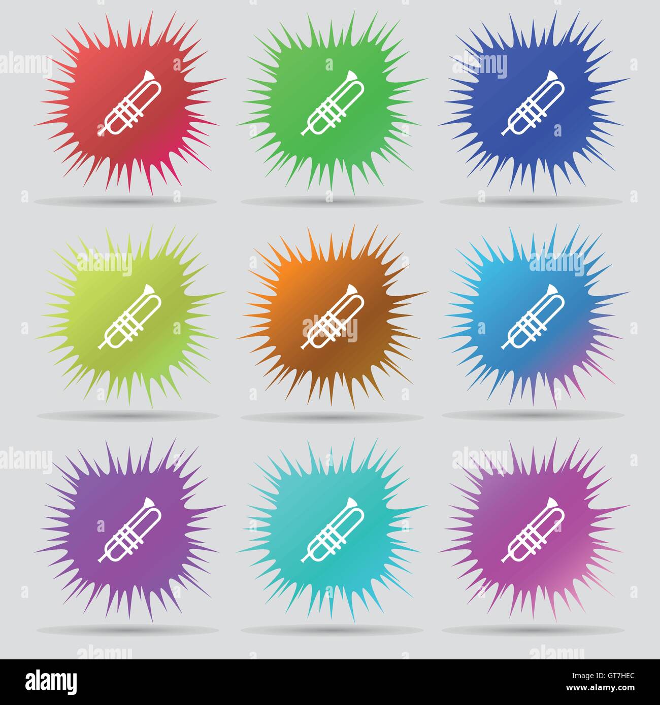 Trumpet icons sign. A set of nine original needle buttons. Vector Stock ...