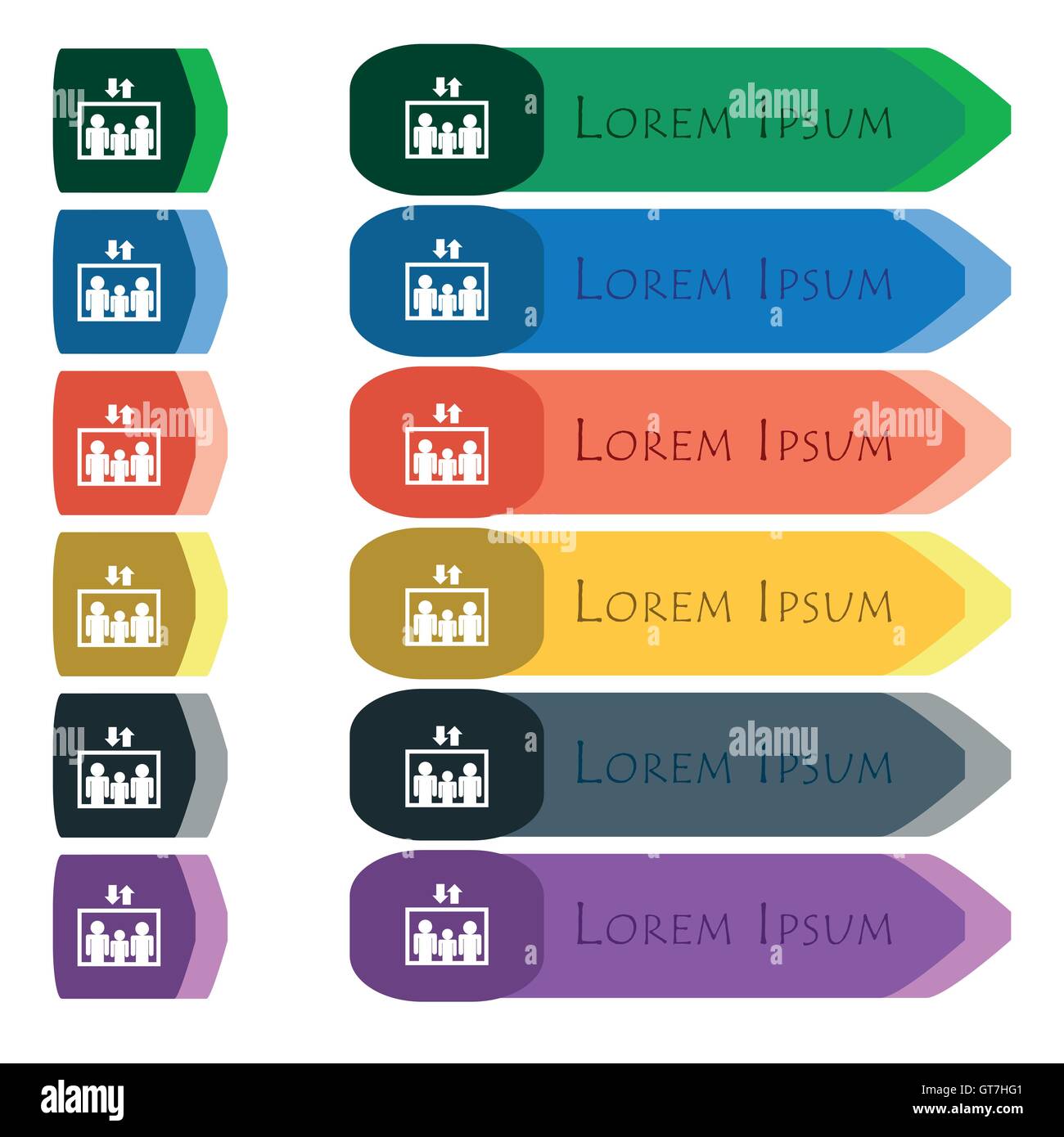 Elevator symbol sign. Set of colorful, bright long buttons with ...