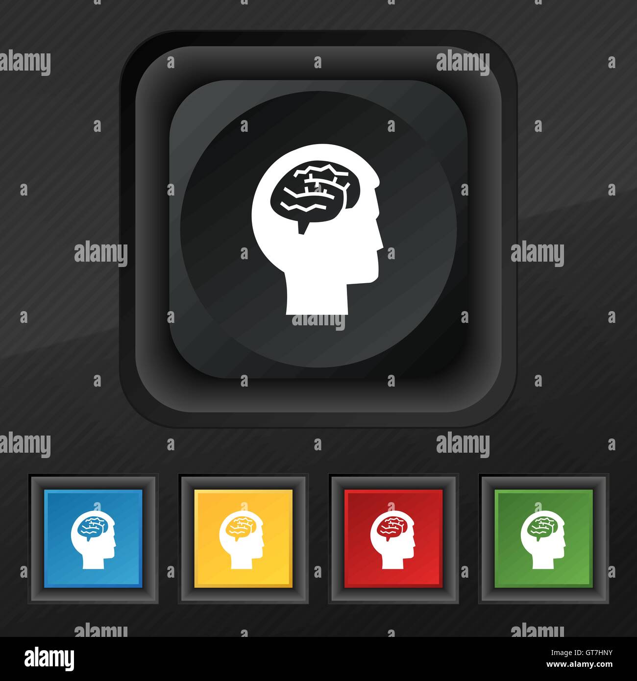 Brain icon symbol. Set of five colorful, stylish buttons on black ...