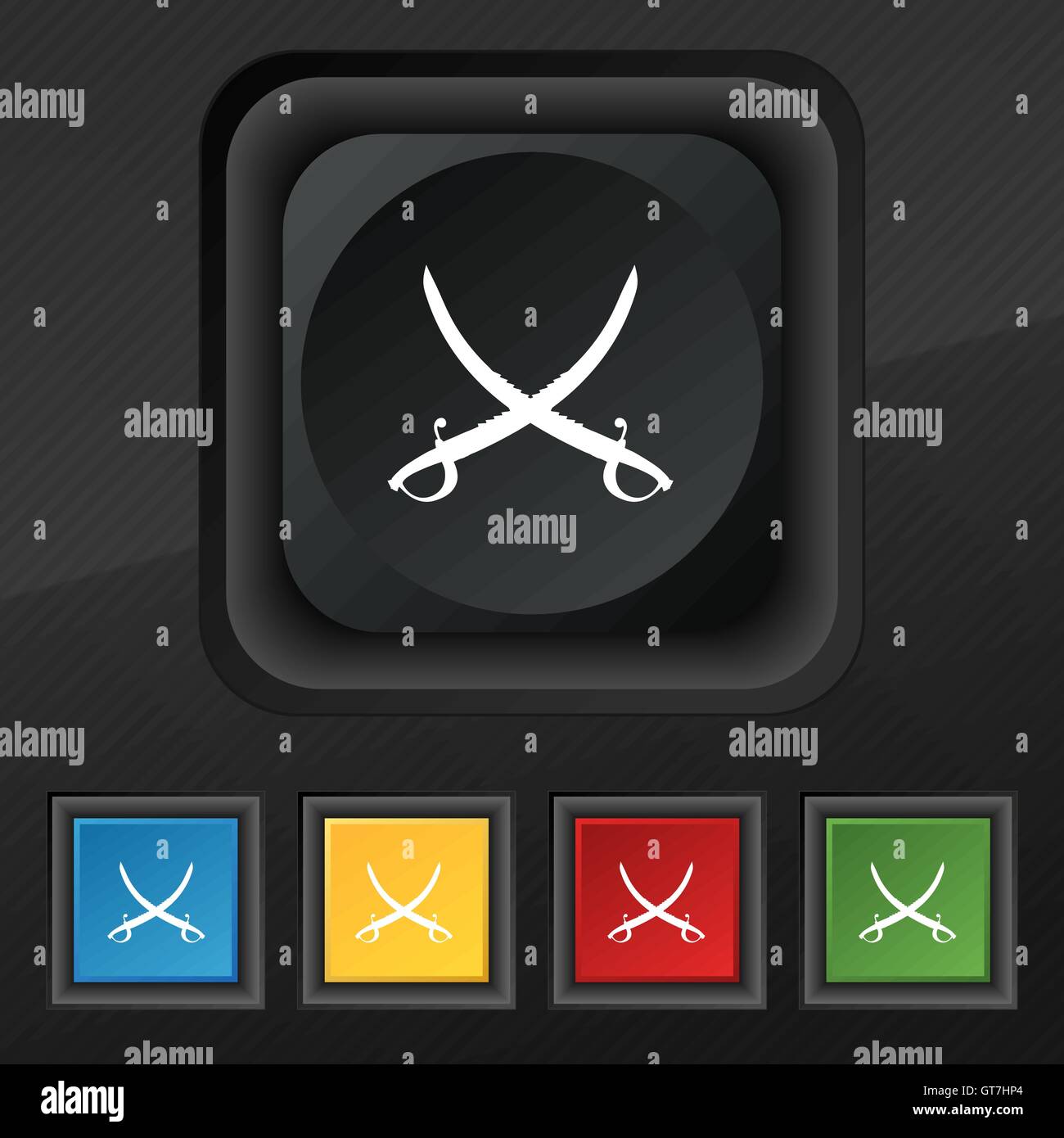 Crossed saber icon symbol. Set of five colorful, stylish buttons on ...