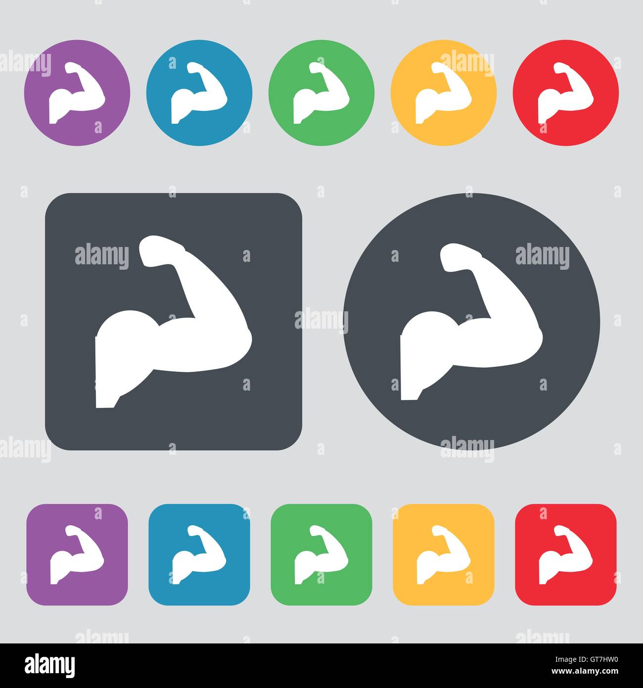 Biceps strong arm. Muscle icon sign. A set of 12 colored buttons. Flat ...