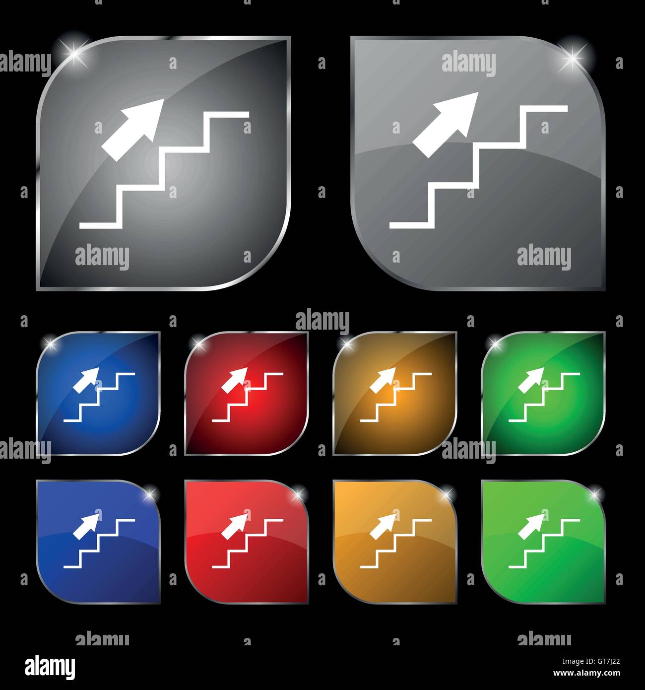 Stairs going up icon sign. Set of ten colorful buttons with glare ...