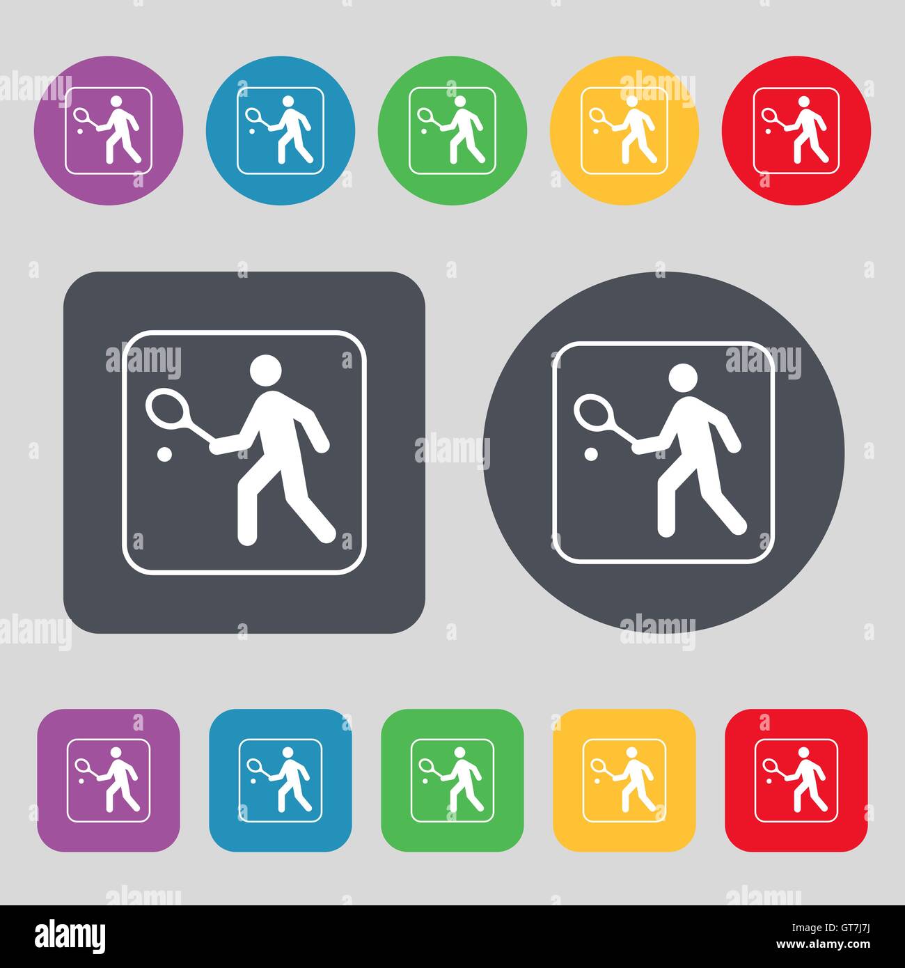 Tennis player icon sign. A set of 12 colored buttons. Flat design ...
