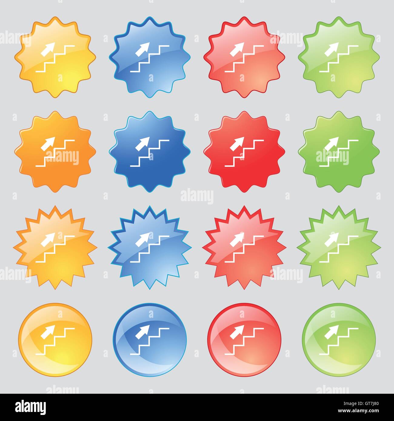 Stairs going up icon sign. Big set of 16 colorful modern buttons for ...