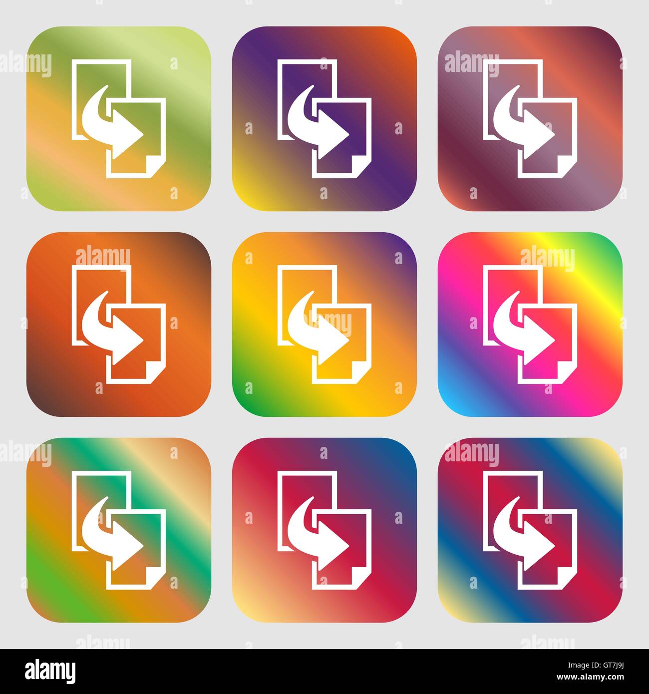 Copy file sign icon. Duplicate document symbol . Nine buttons with bright gradients for ...