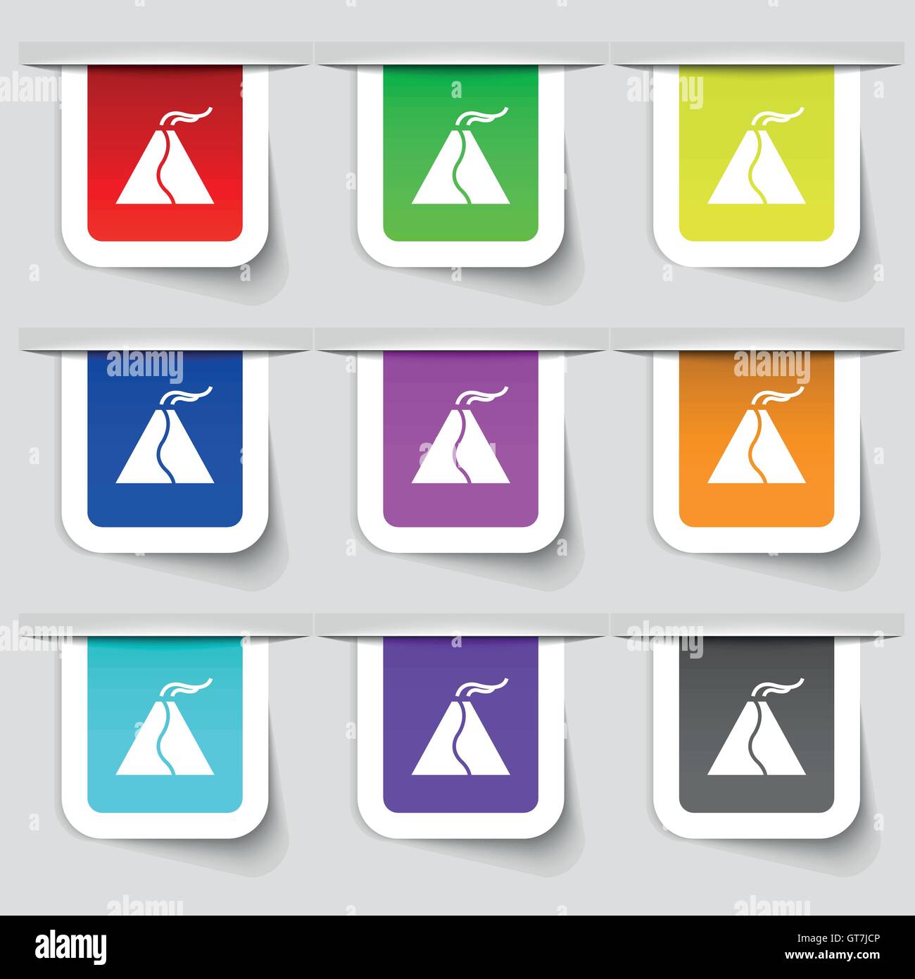 active erupting volcano icon sign. Set of multicolored modern labels ...