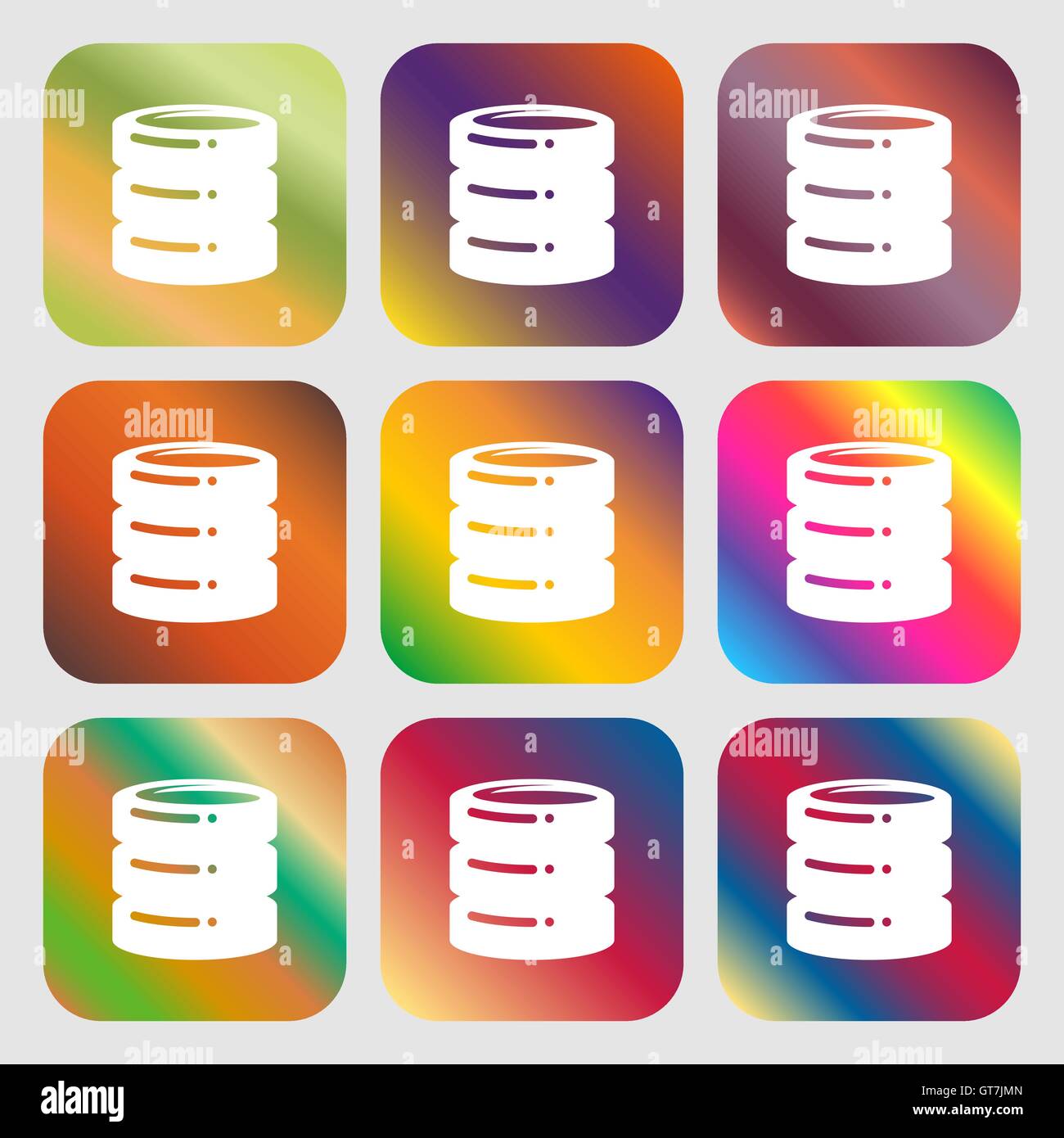hard disk, date base icon. Nine buttons with bright gradients for ...