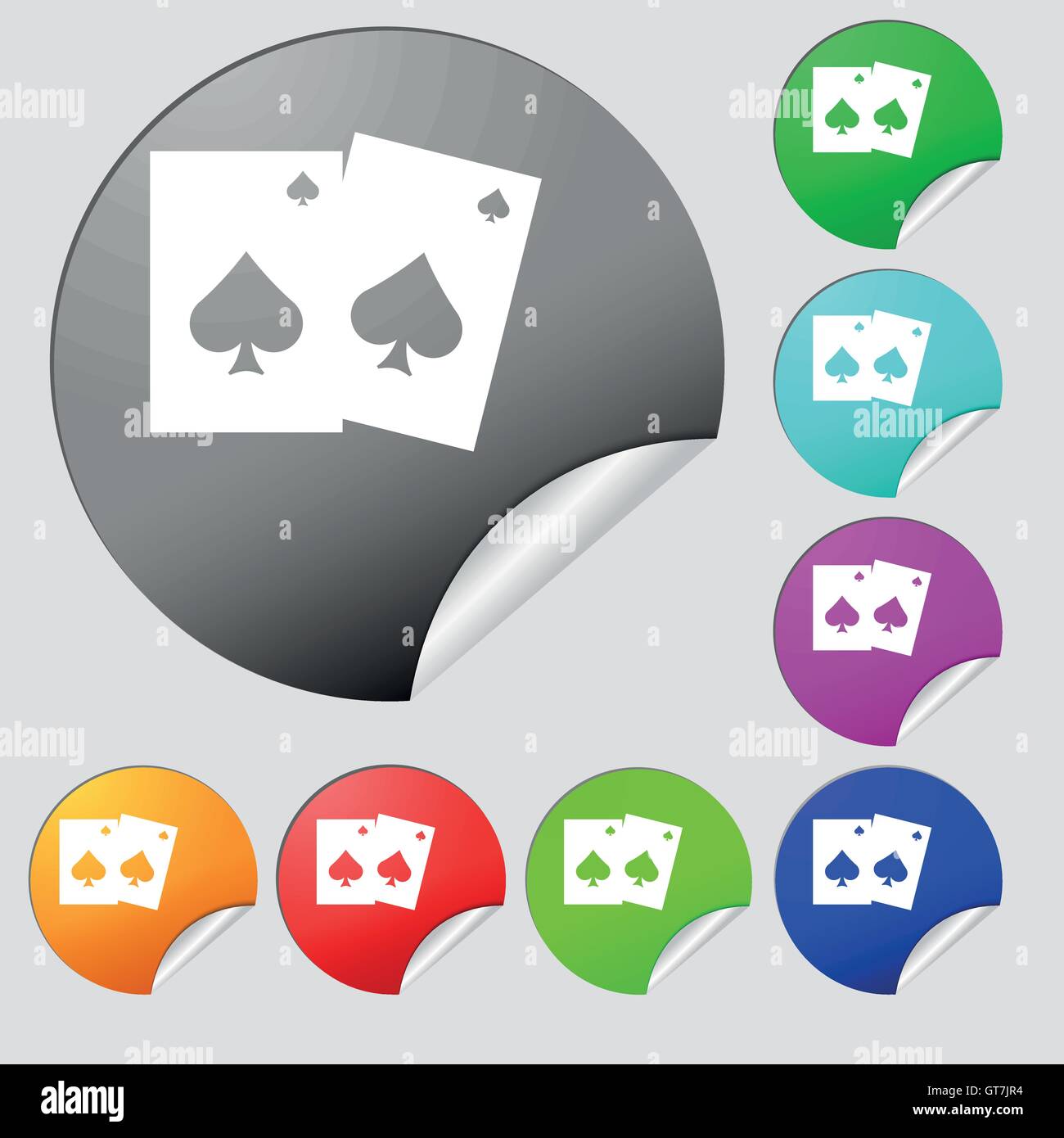 game cards icon sign. Set of eight multi colored round buttons ...