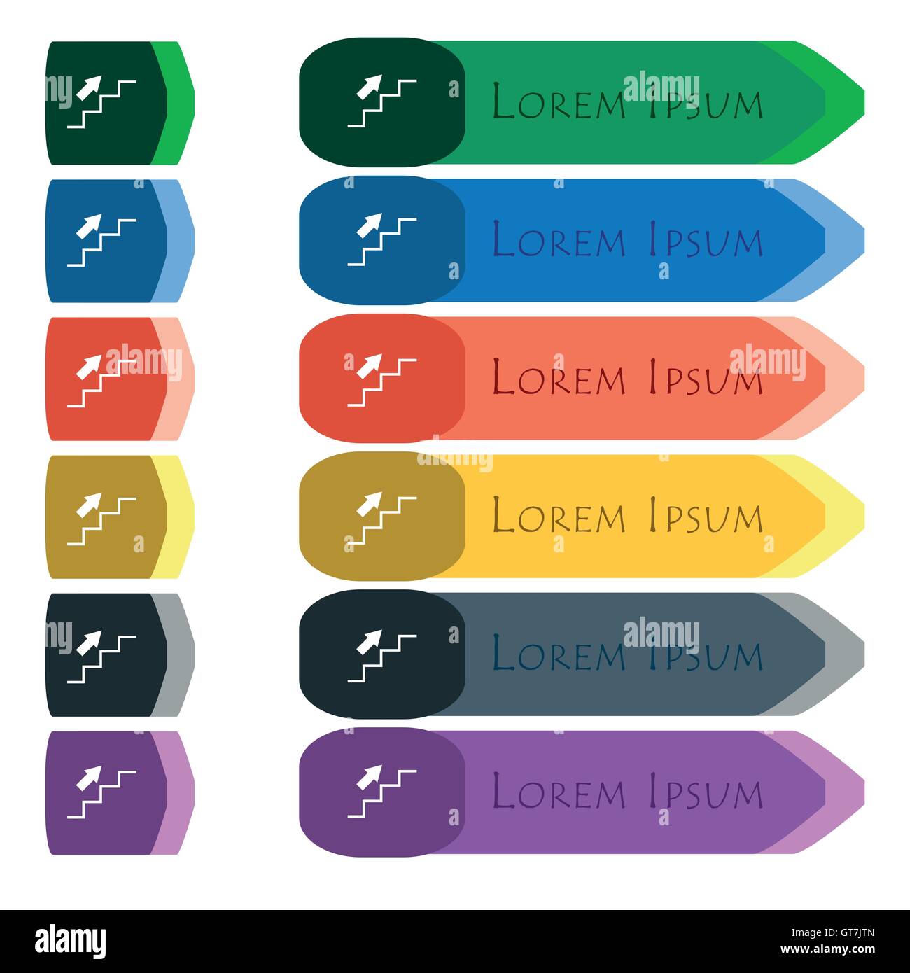 Stairs going up icon sign. Set of colorful, bright long buttons with ...