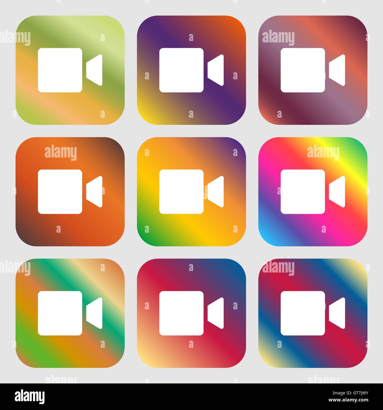 Video camera icon. Nine buttons with bright gradients for beautiful ...
